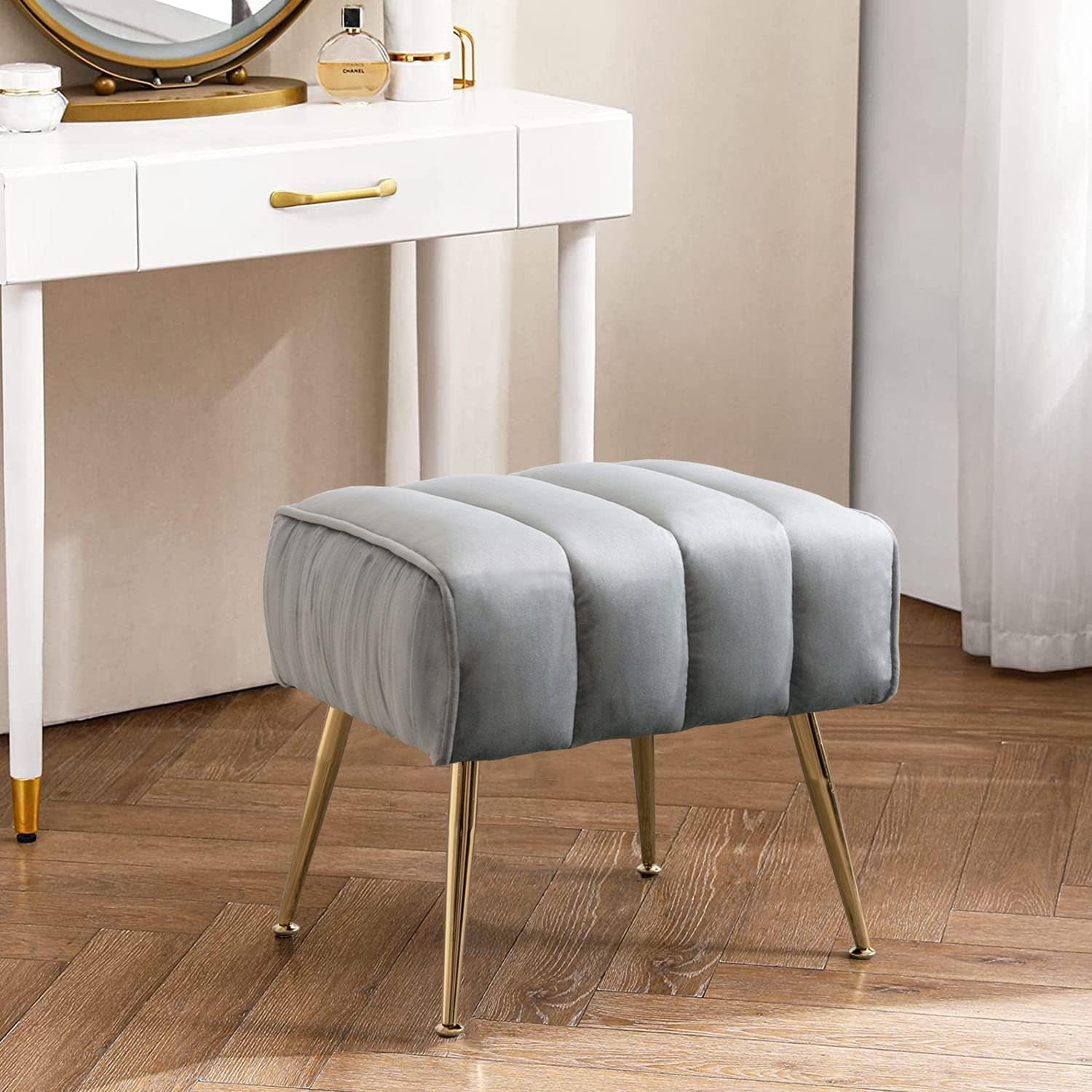 Velvet Ottoman , Modern Foot Stool Rest, Trapezoid, Golden Finished ...