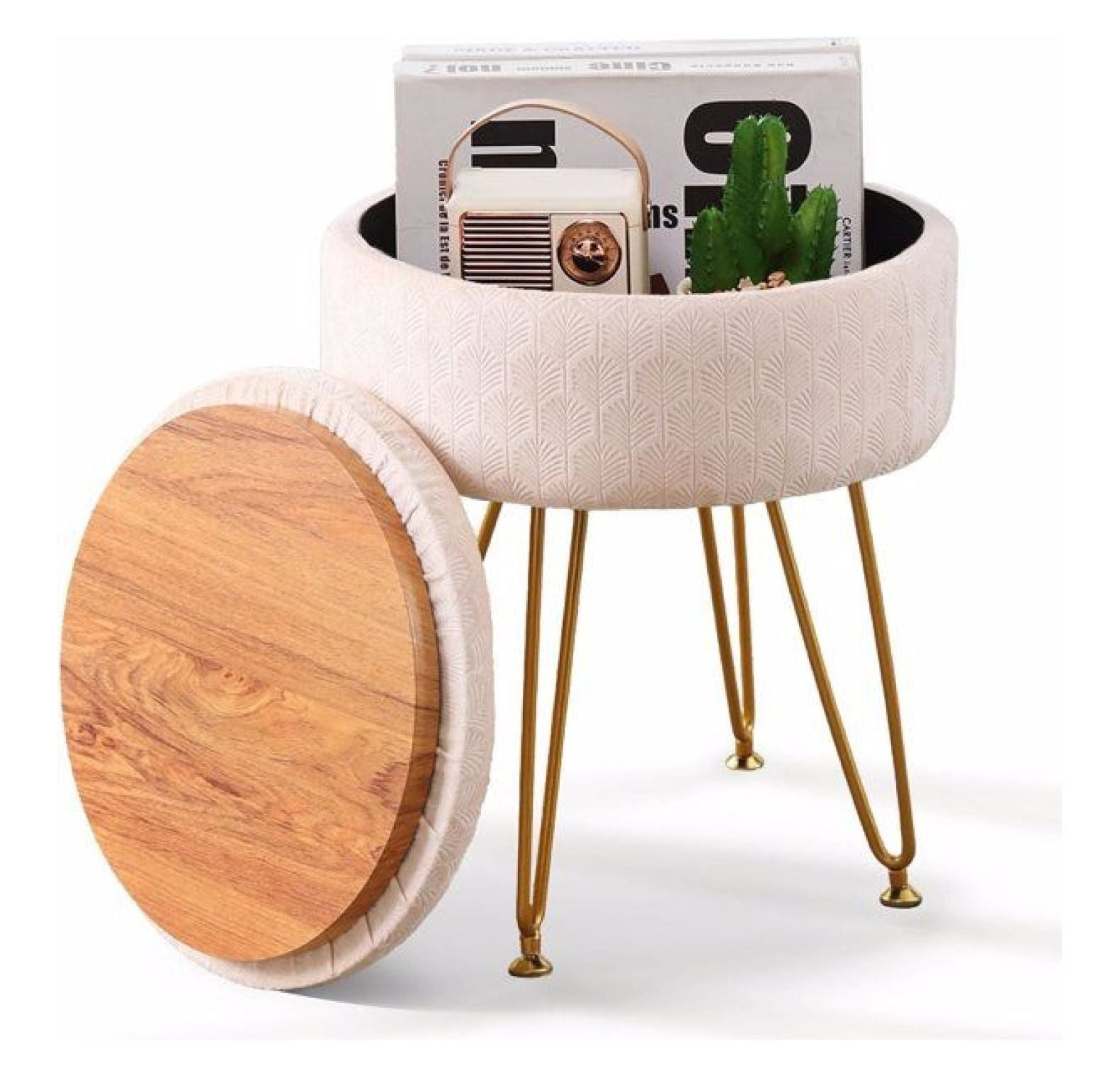 Velvet Ottoman Footstool with Storage, Round Champagne Stool, Gold Legs ...