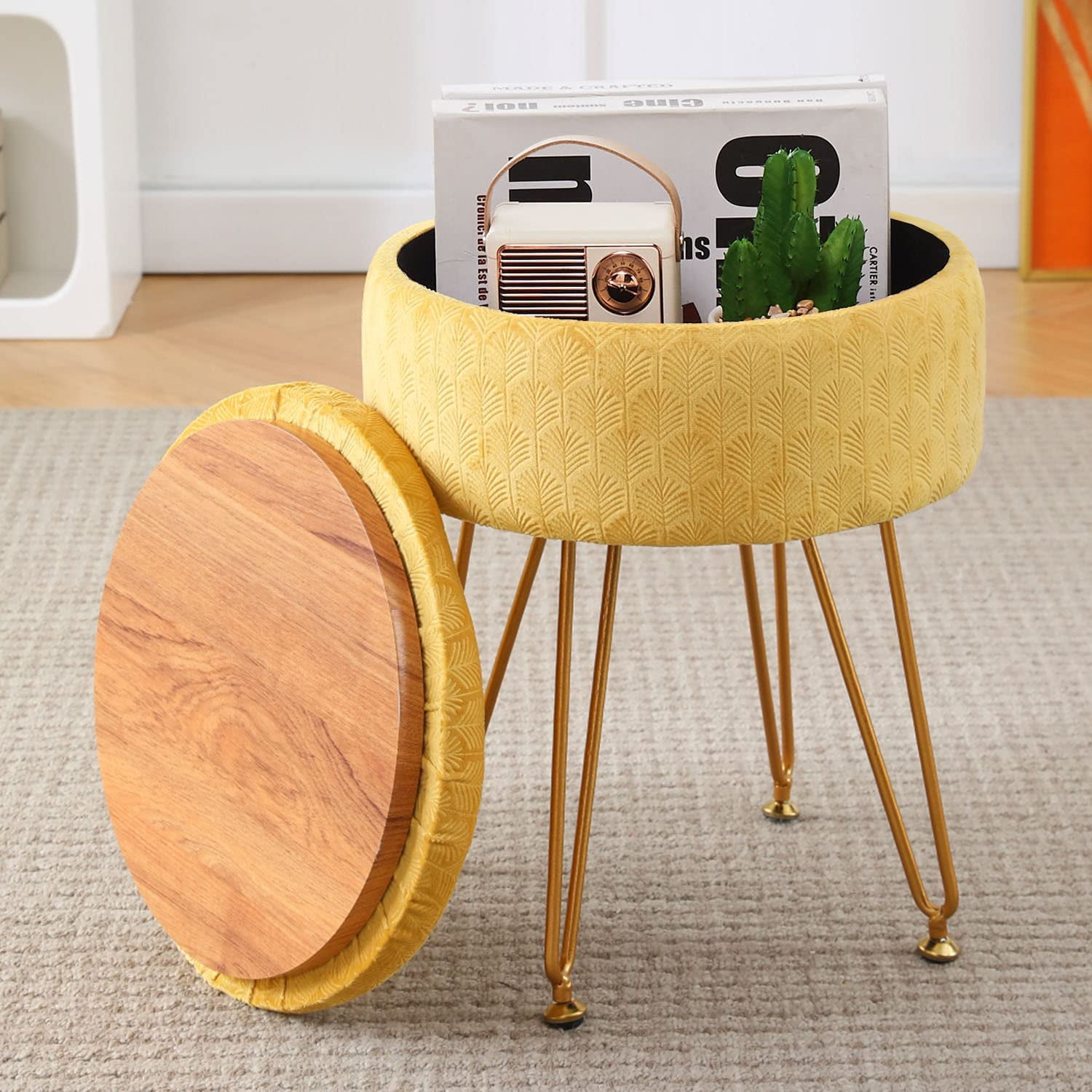 Velvet Ottoman Round Footrest Footstools with Storage Space Soft Vanity ...