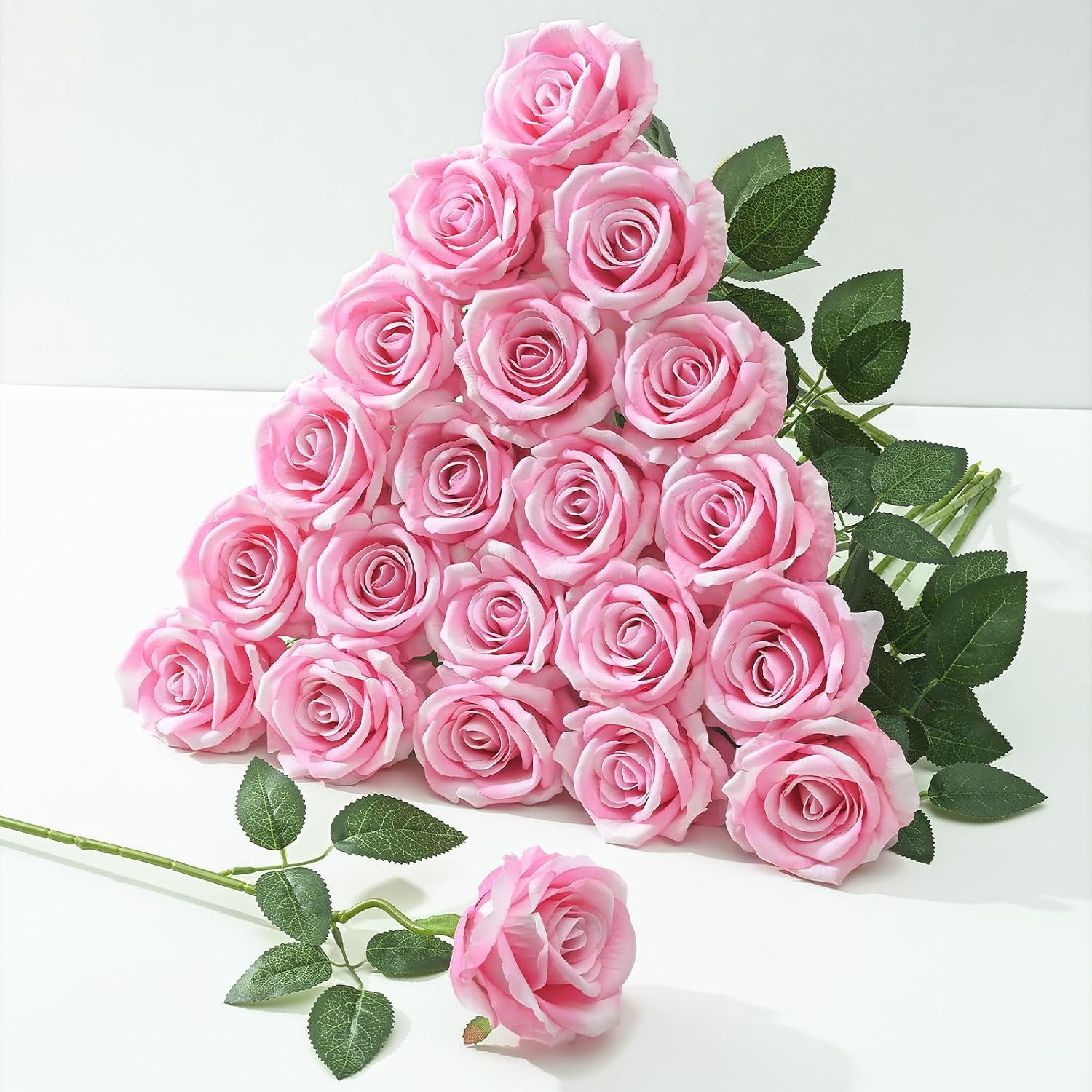 Velvet Pink Roses Artificial Flowers, Fake Roses Long Stem, Real Touch ...