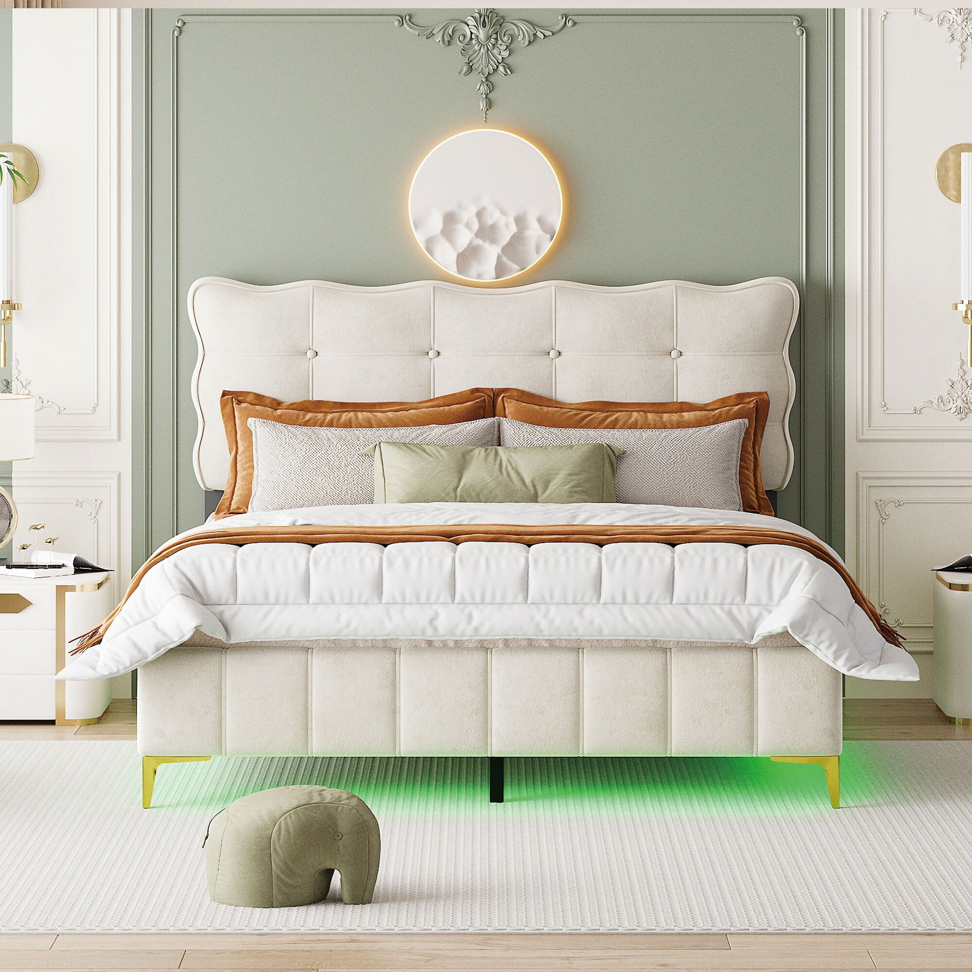Velvet Platform Bed with LED Frame and Stylish Mental Bed Legs Beige ...