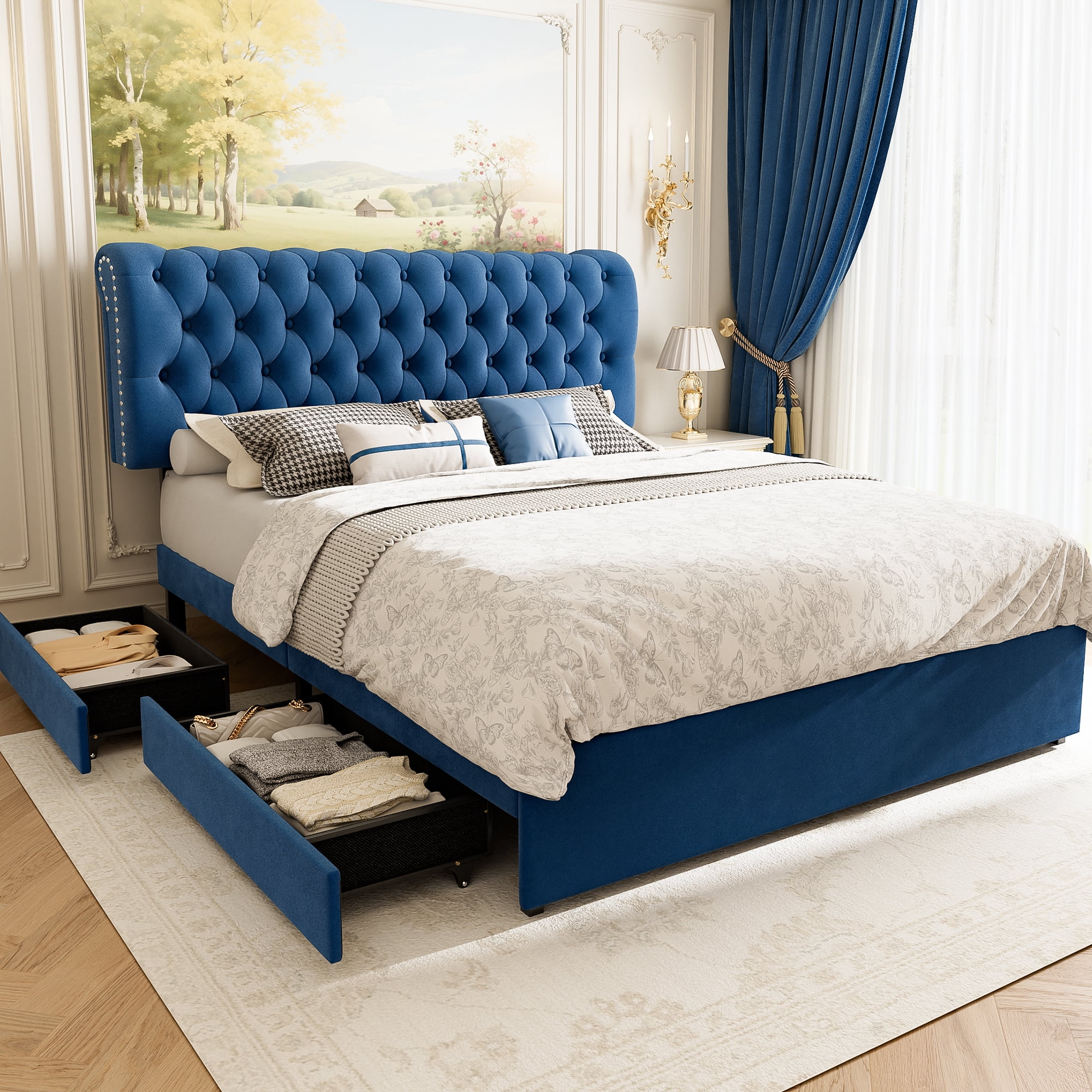 Velvet Platform Full Size Bed, Full Size Bed Frame with 4 Drawer ...
