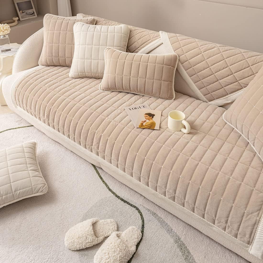 Velvet Plush Plaid Quilted Sofa Cover Super Soft Non Slip Sectional ...