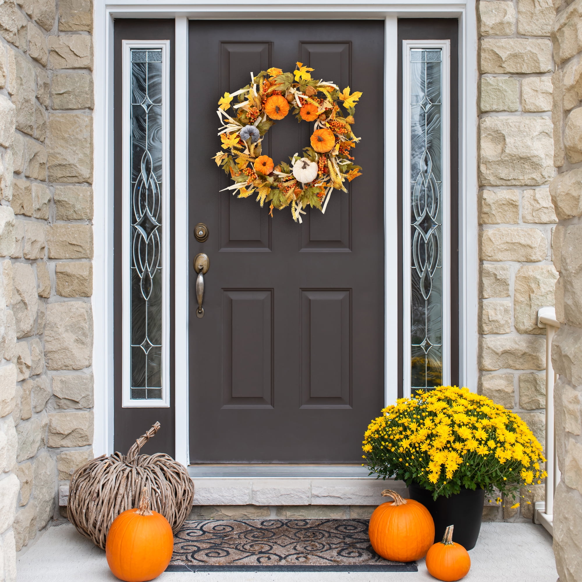 Northlight Velvet Pumpkins and Wheat Artificial Fall Harvest Wreath ...