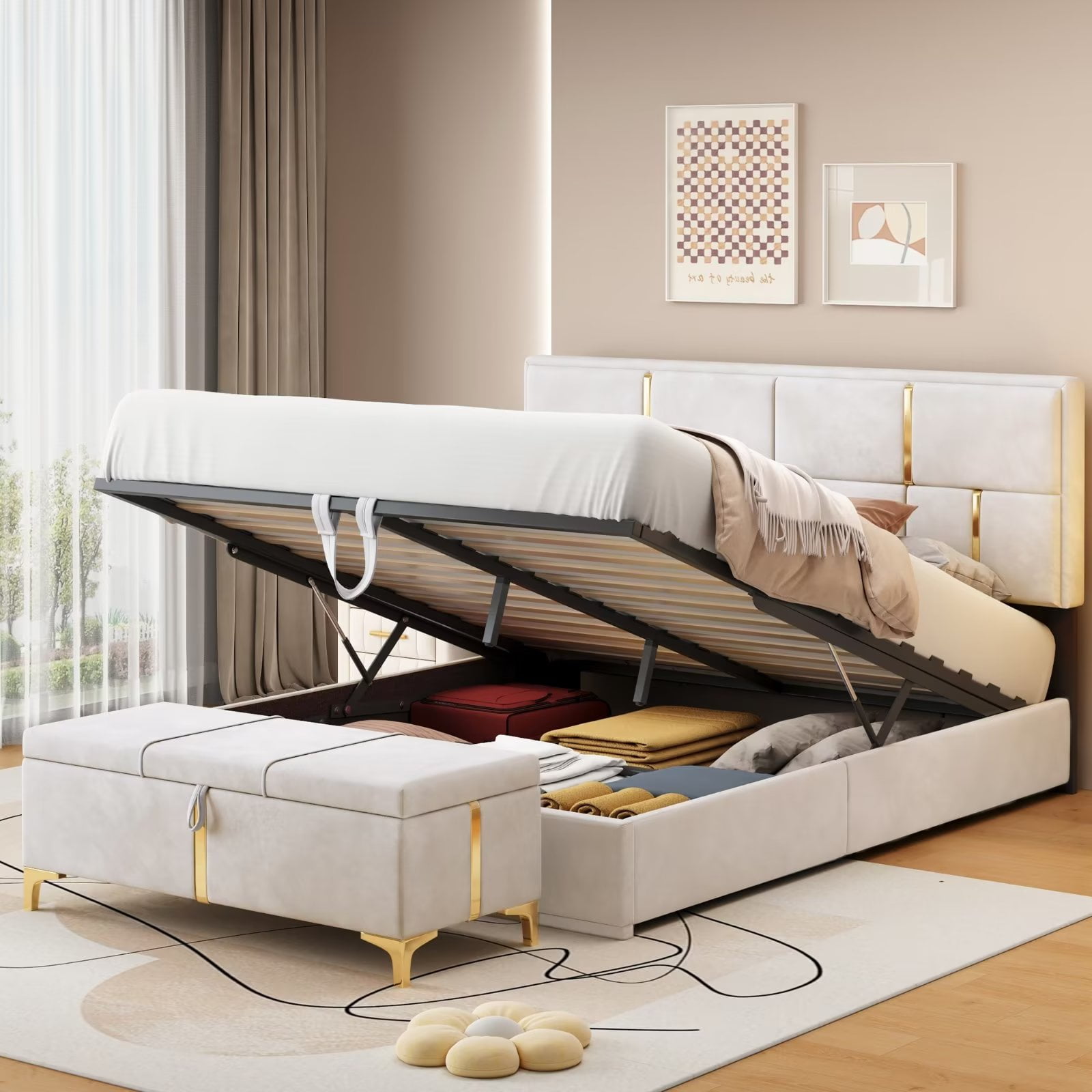 Velvet Queen Platform Bed with Storage End of Bed Bench 2 Piece Bedroom ...