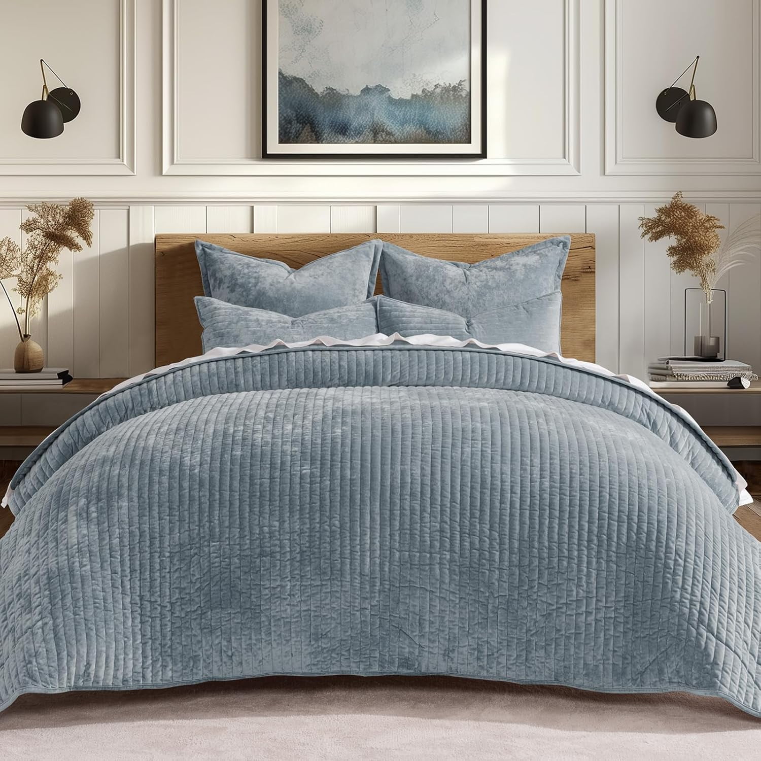 Velvet Quilt Set Queen Size, Luxurious Soft Striped Channel Bedding Set ...