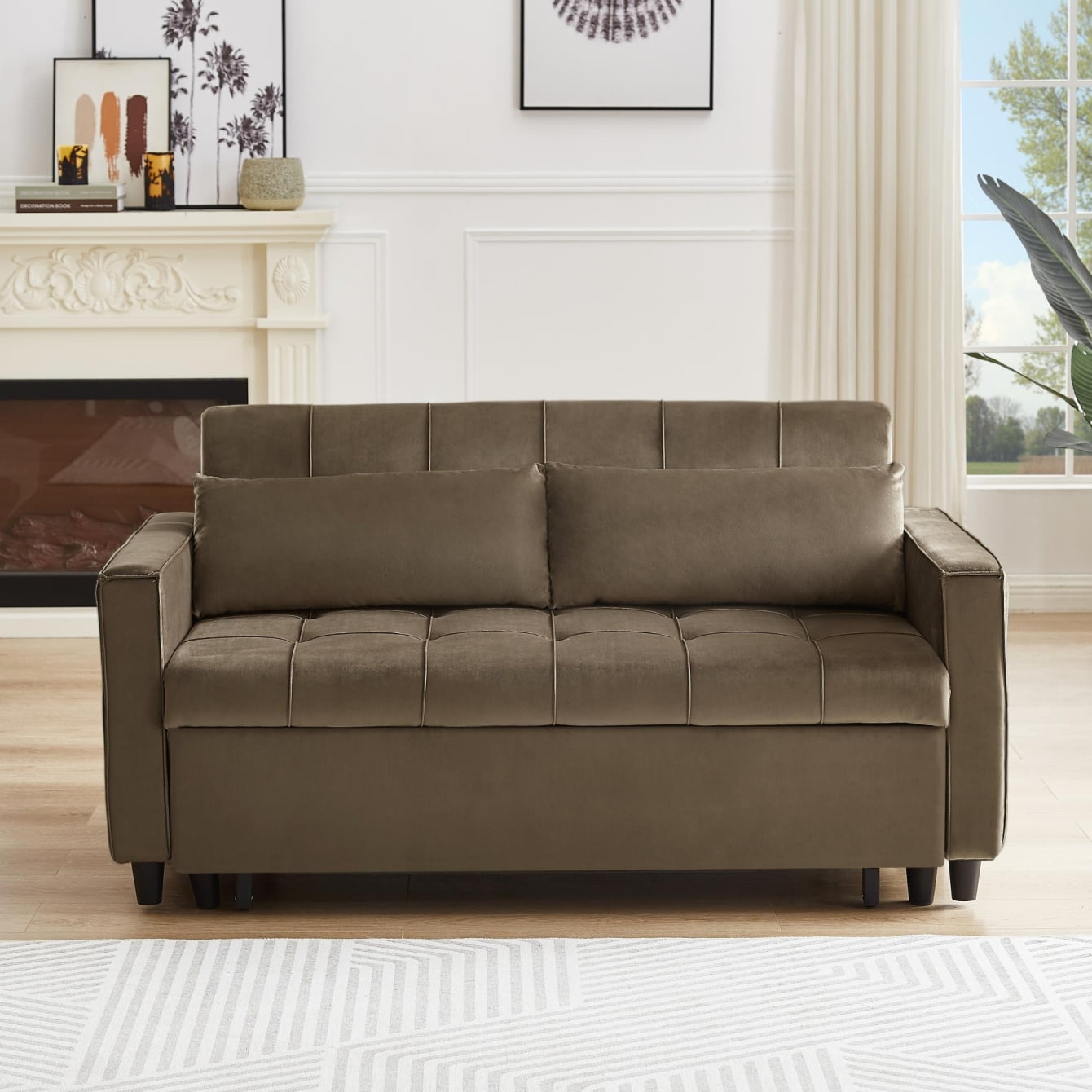 Velvet Recliner Sofa with Pull-Out Bed & 2 Lumbar Pillows, Convertible ...