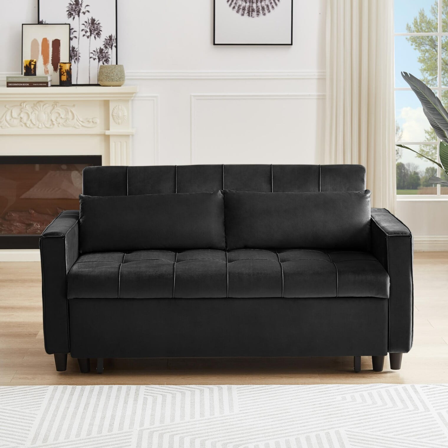 Velvet Recliner Sofa with Pull-Out Bed & 2 Lumbar Pillows, Convertible ...