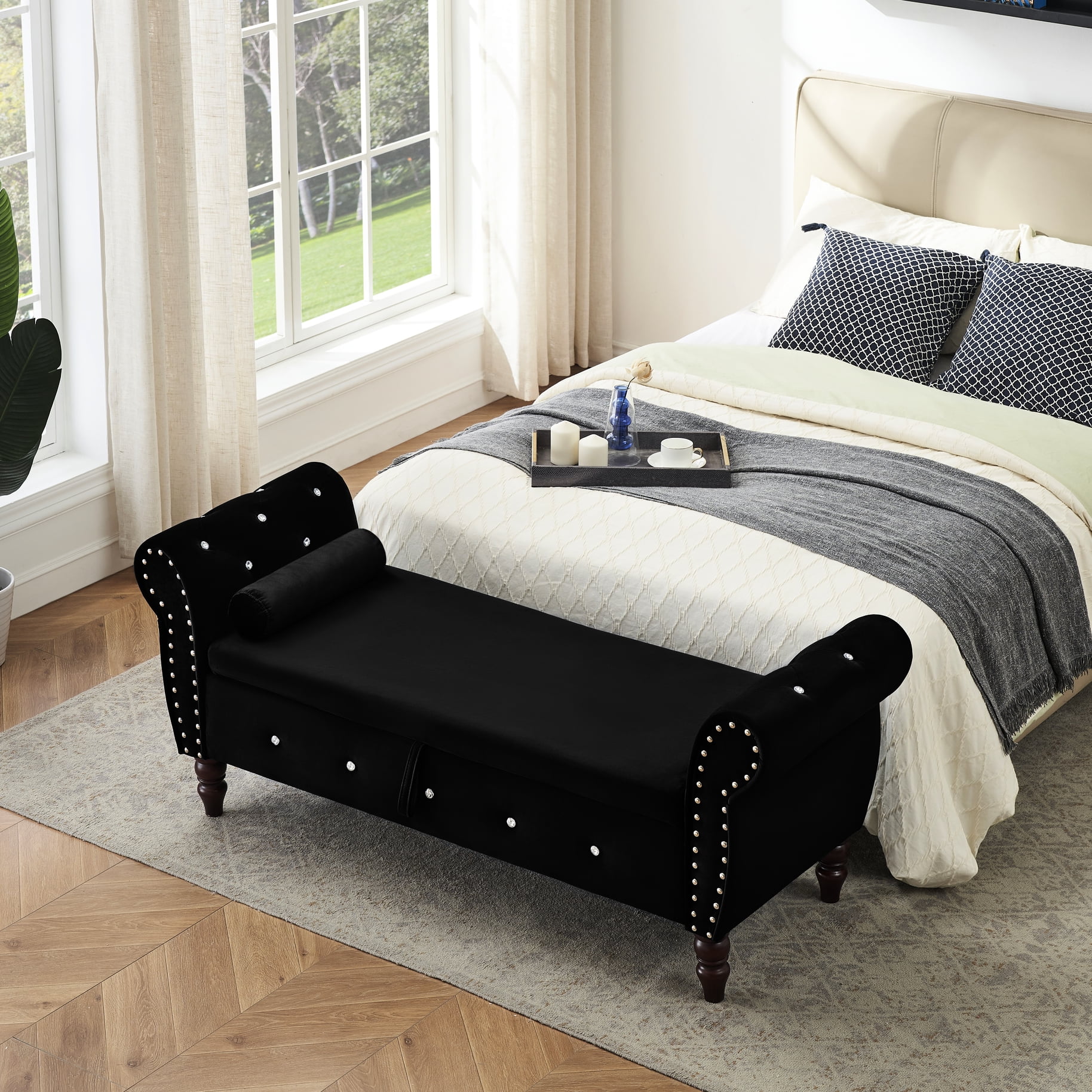 Velvet Rectangular With Solid Wood Legs And Extra Storage Function For ...