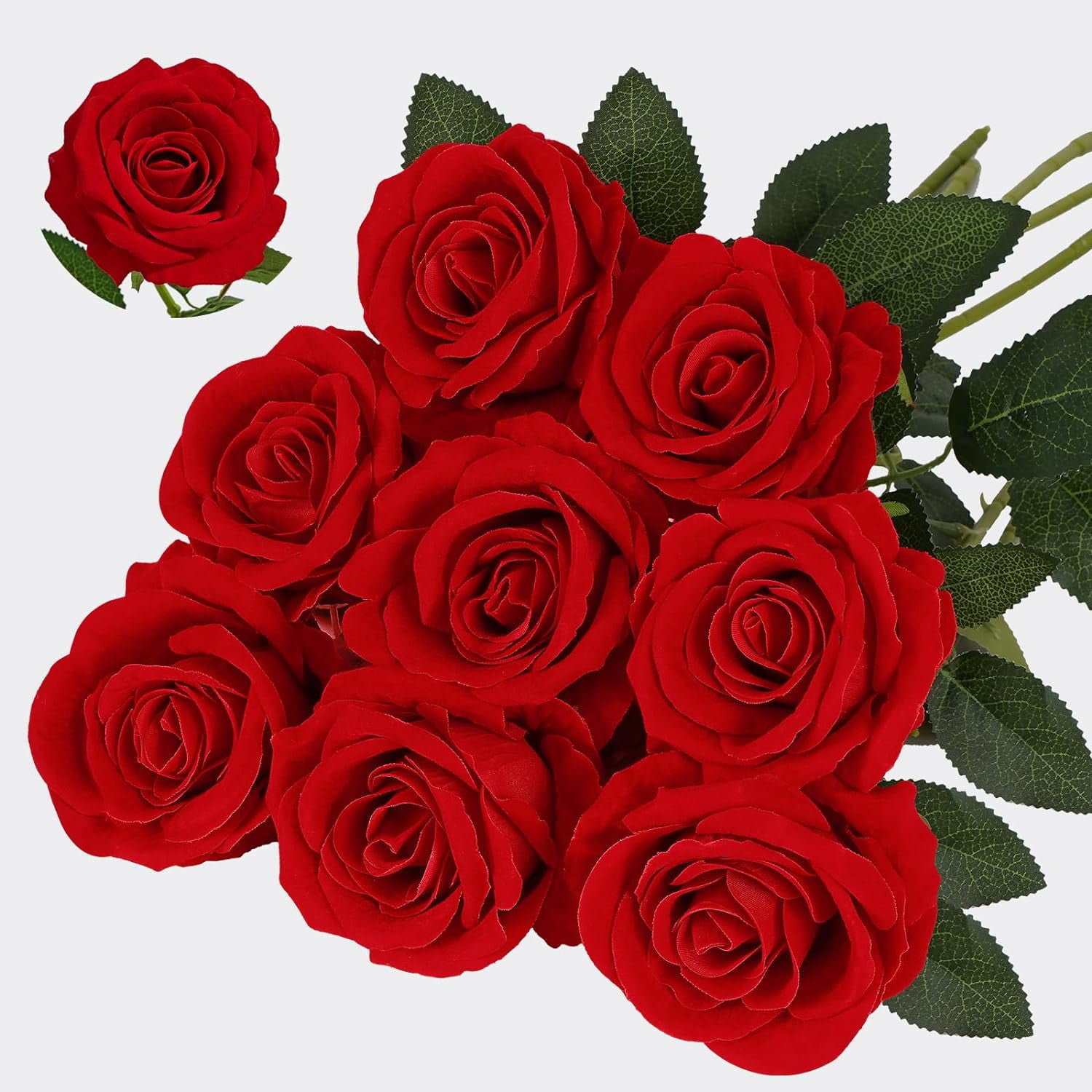 Velvet Red Roses Artificial Flowers, Fake Roses Long Stem, Real Touch ...