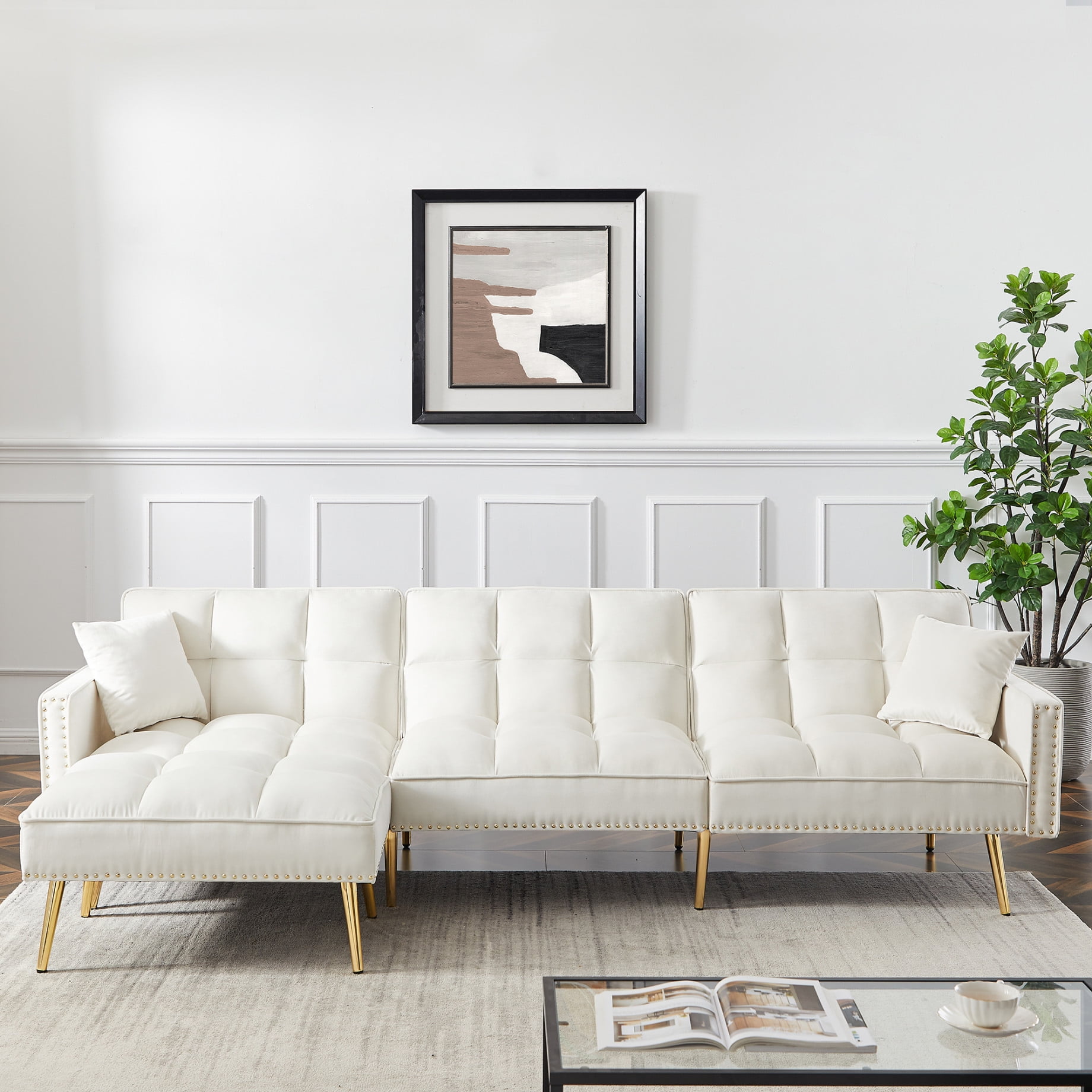Velvet Reversible Sectional Sofa, Futon Sleeper Sofa with 3 Adjustable ...