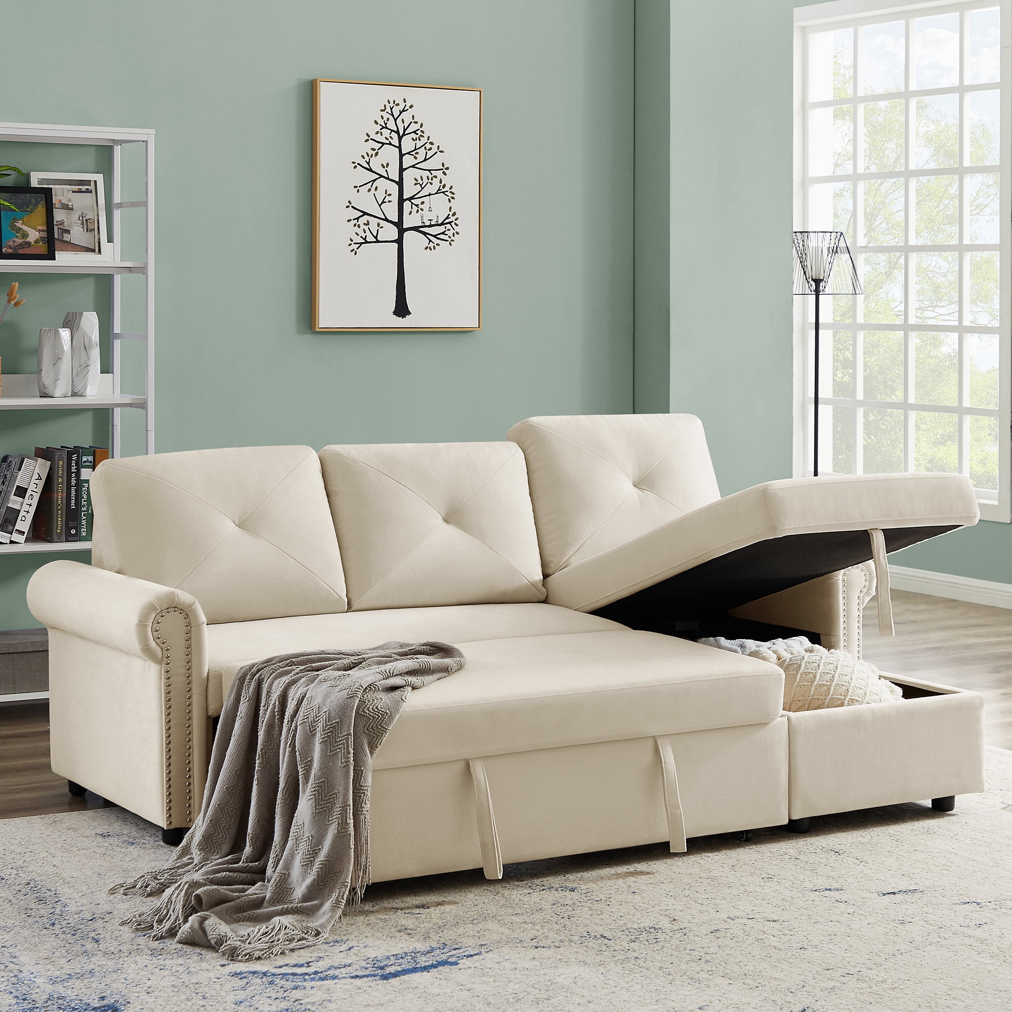 Velvet Reversible Sectional Sofa Sleeper, Wide Sectional Couch Pull-Out ...