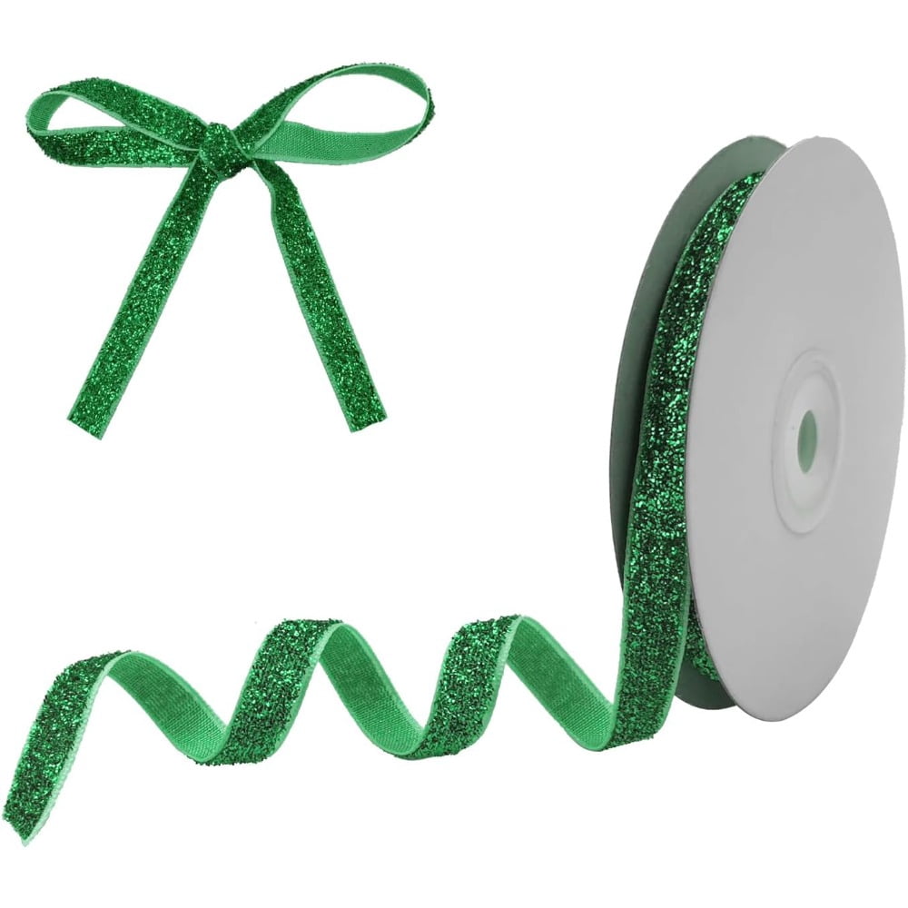 Velvet Ribbon 0.4 Inch x 30 Feet, Glitter Green Velvet Wired Ribbon for ...