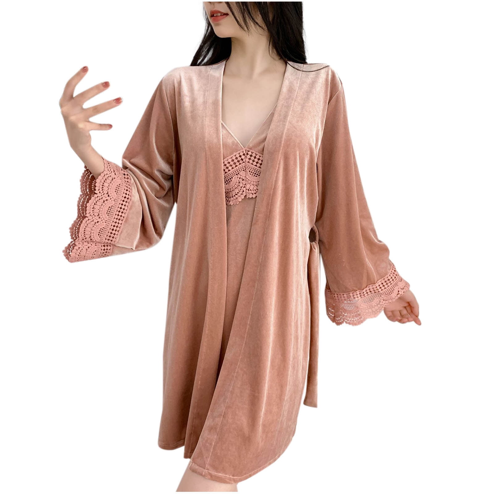 Velvet Robe Sets for Women 2 Piece Sexy V Neck Nightgown Lace Tirm Long ...