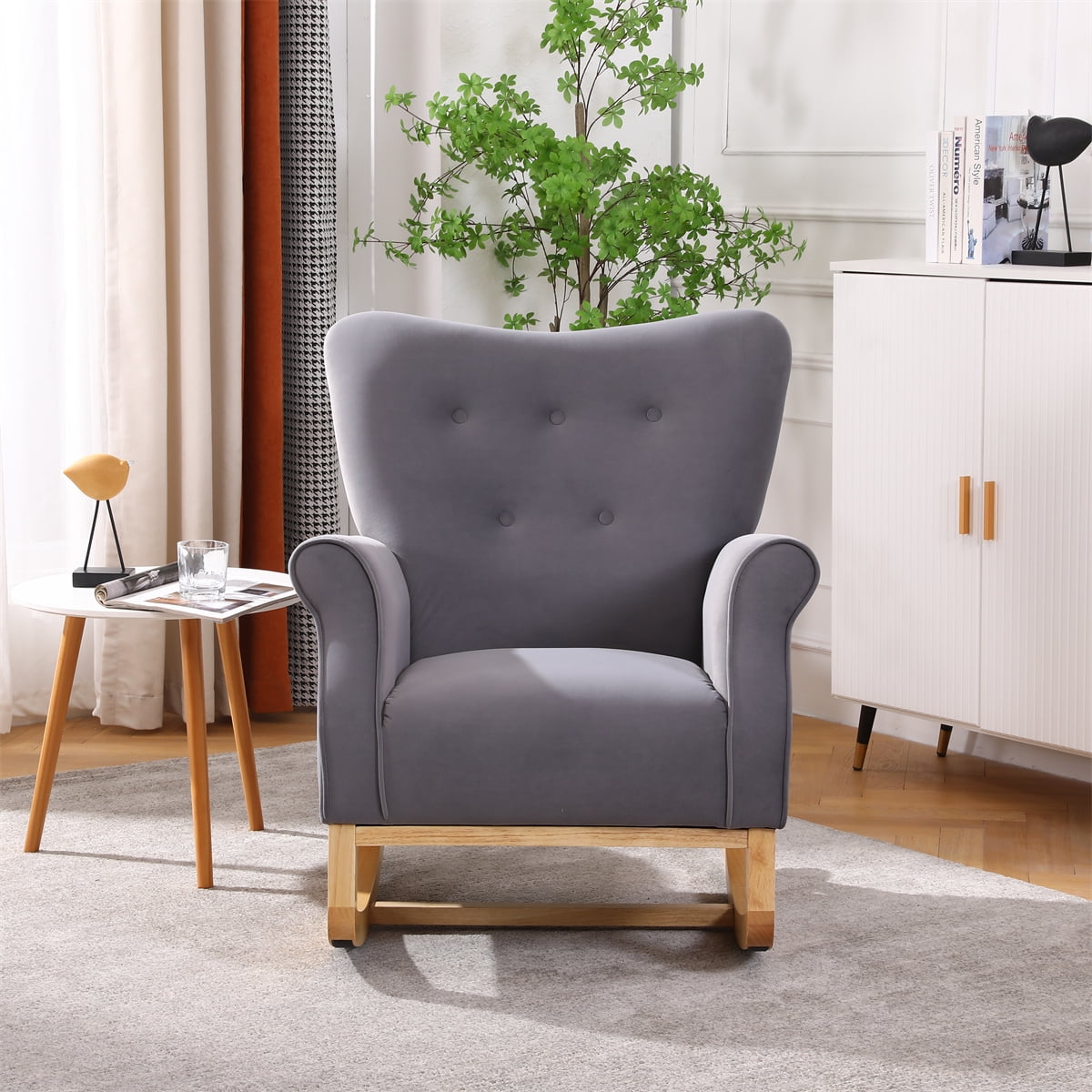 Velvet Rocking Chair, Modern Upholstered Accent Chair with Wing ...