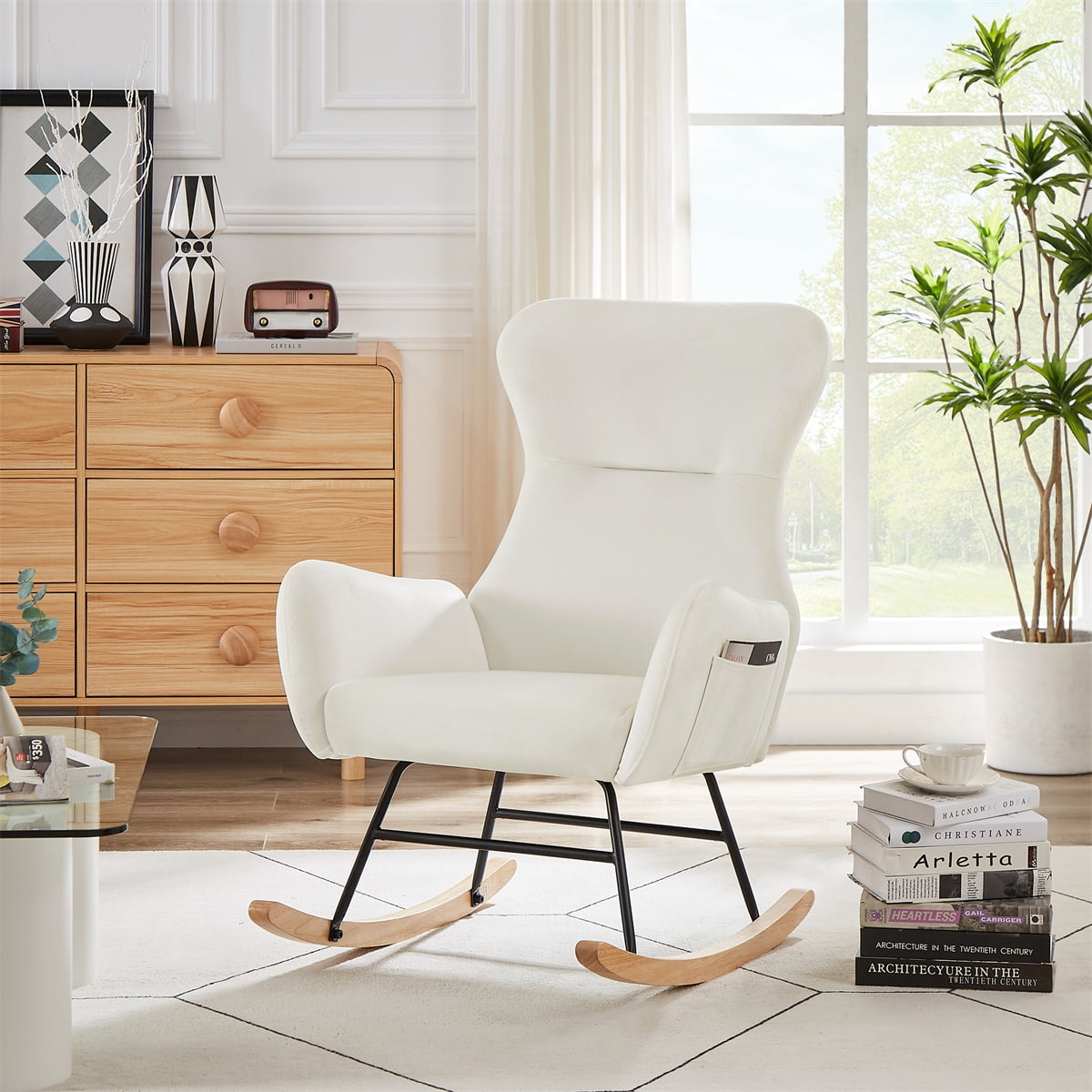 Velvet Rocking Chair, Modern Upholstered Armchair with High Back and ...