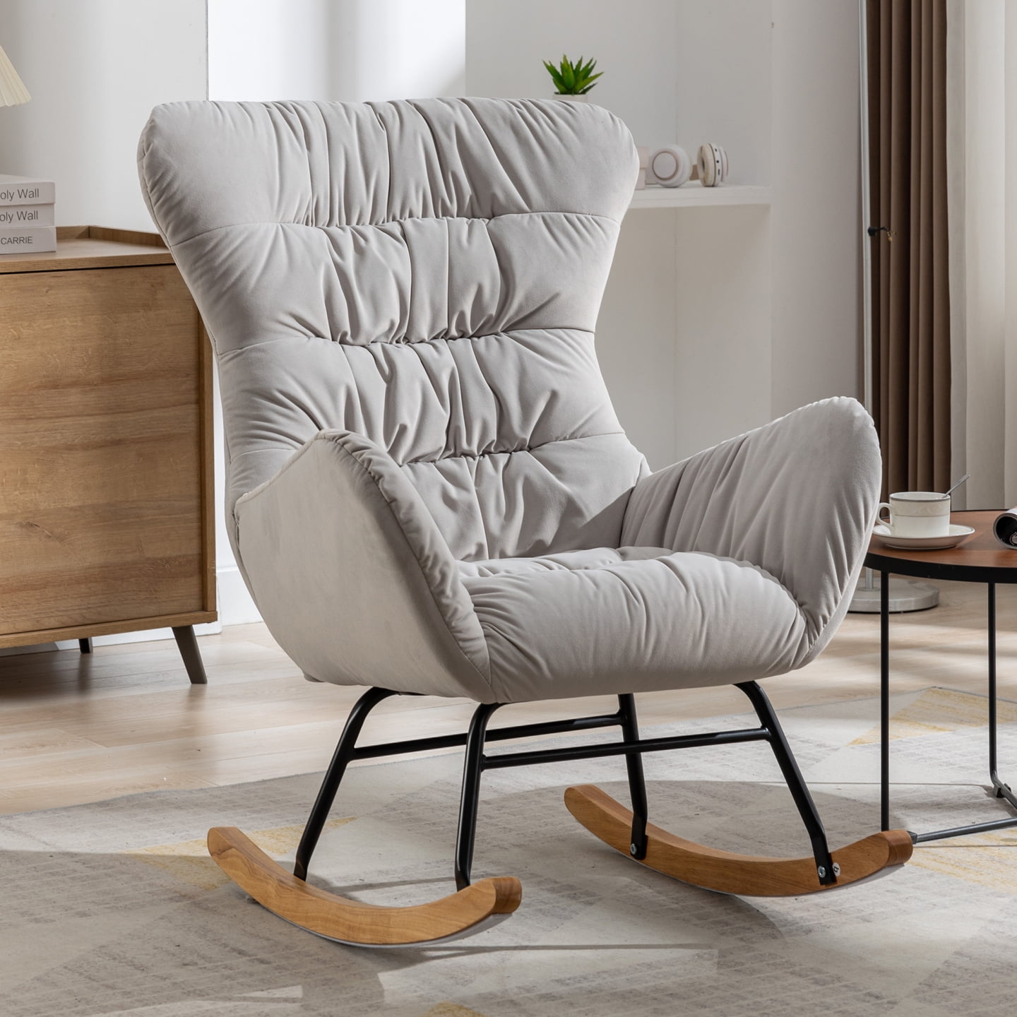 Velvet Rocking Chair Nursery, Wingback Glider Rocking Chair with ...