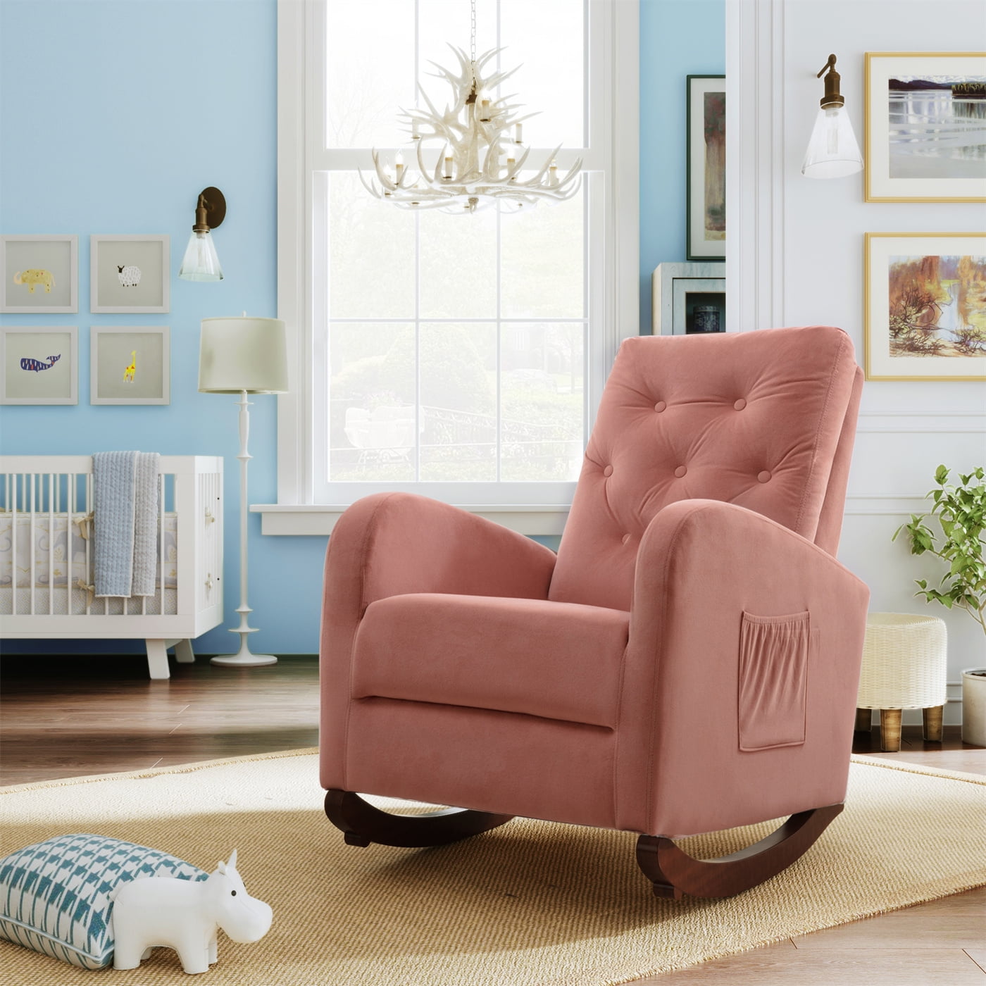 Velvet Rocking Chair, Upholstered High Back Nursery Chair with Rubber ...