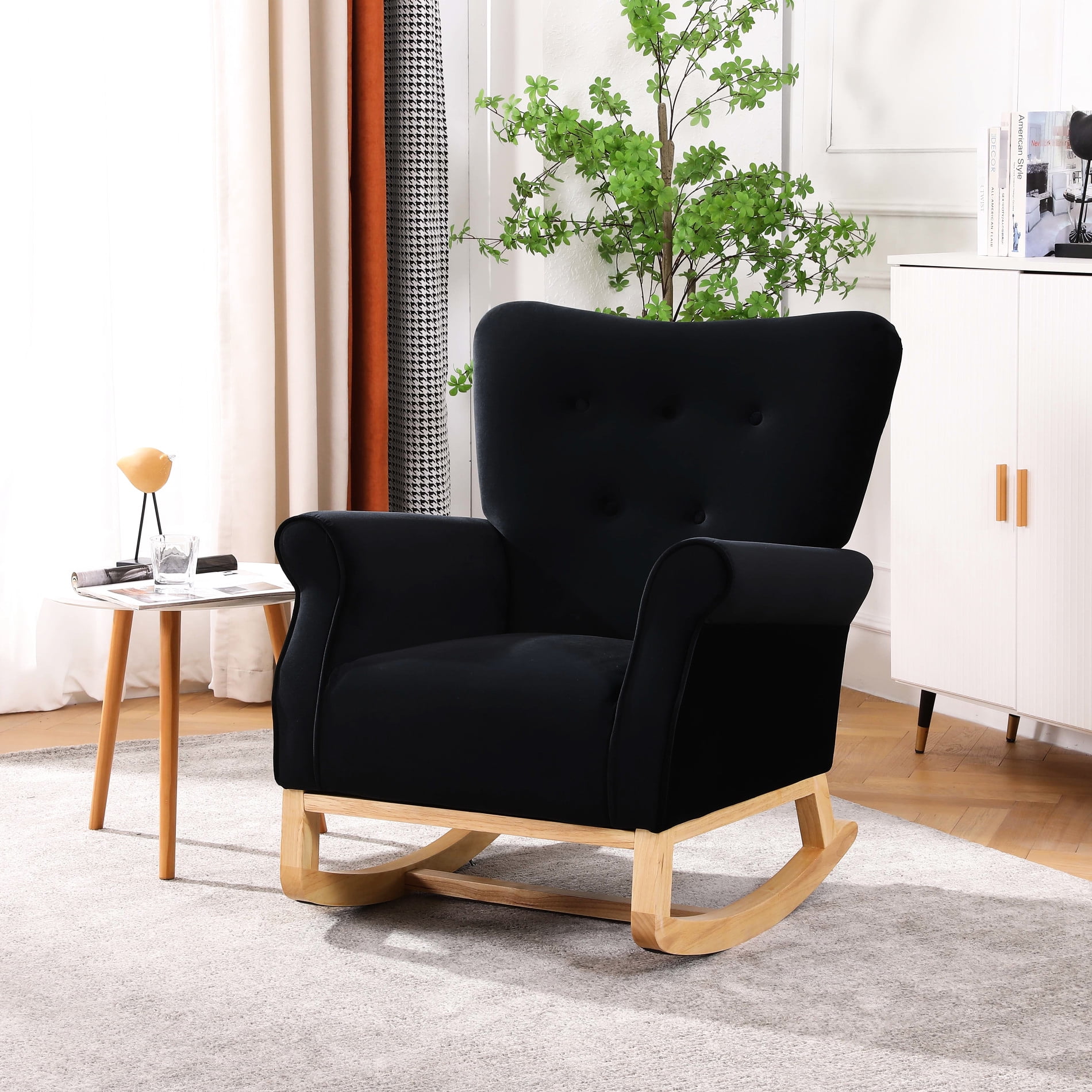 Velvet Rocking Chair With Wood Legs Construction, For Bedroom, 250lb ...