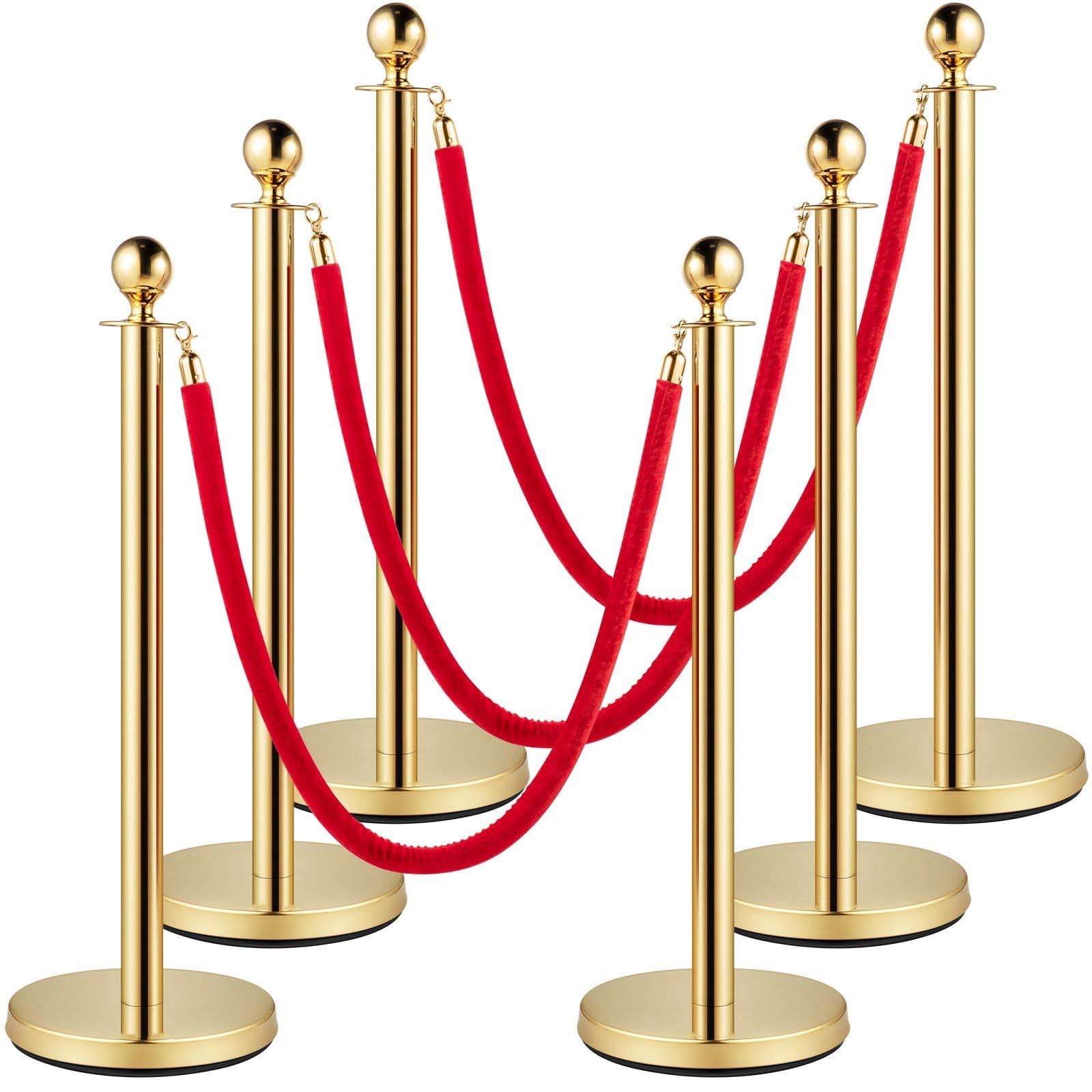 Velvet Rope and Stanchion Set, 6 Pack Gold Posts with 5ft Red Ropes ...