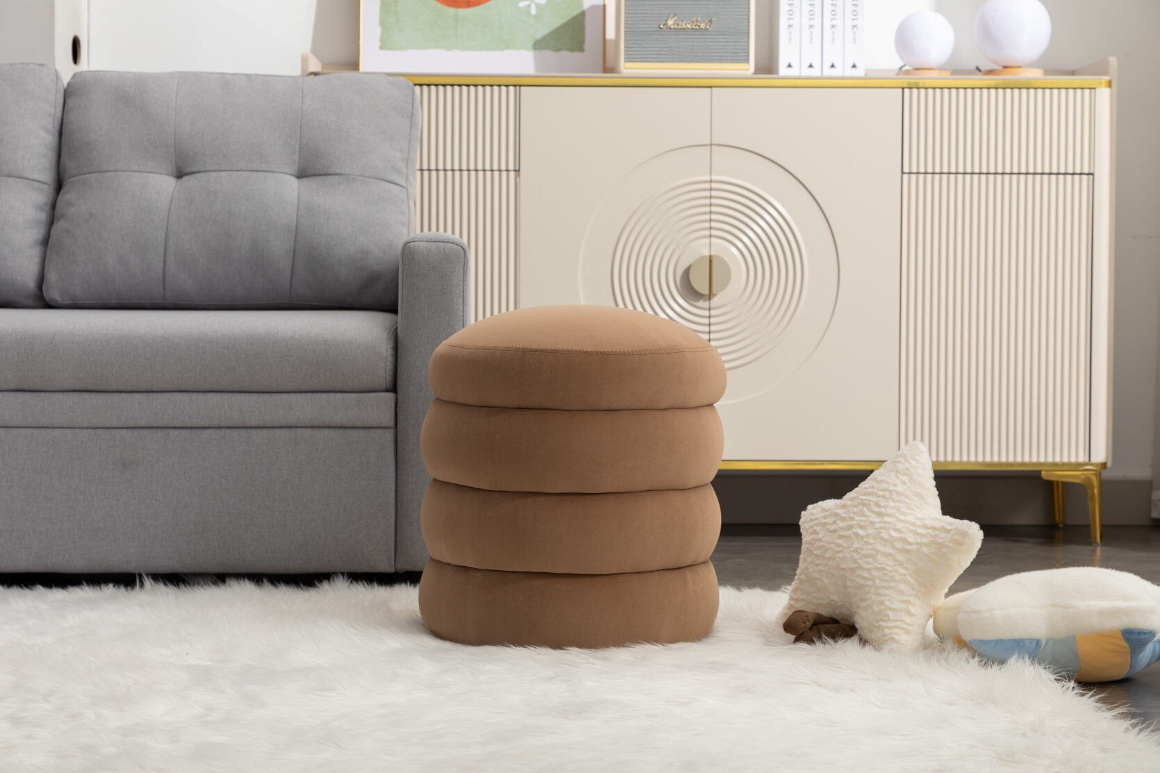 Velvet Round Ottoman, 16.93 Inch Modern Upholstered Footrest Stool with ...