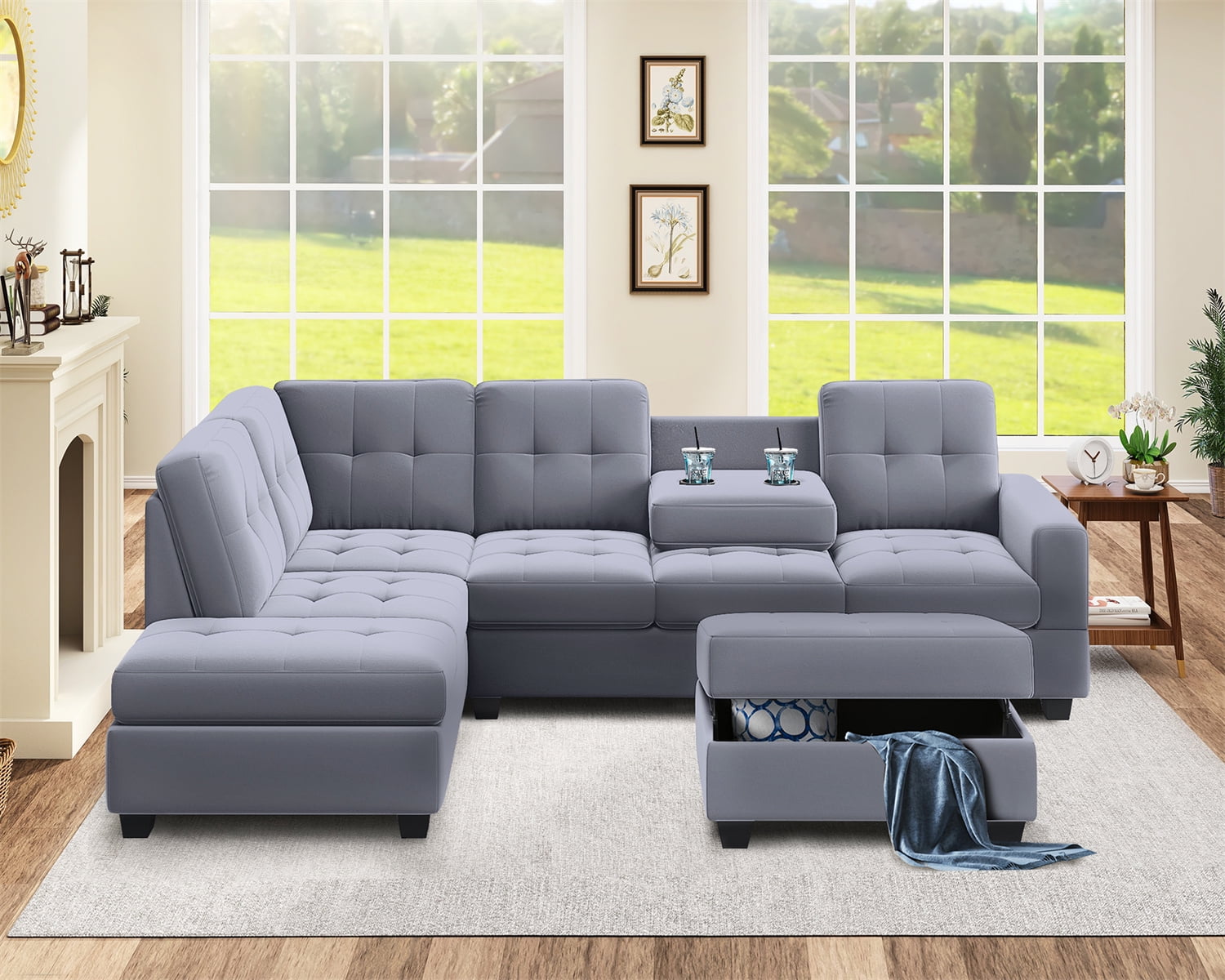Velvet Sectional Sofa with Storage Ottoman and Reversible Chaise, L ...