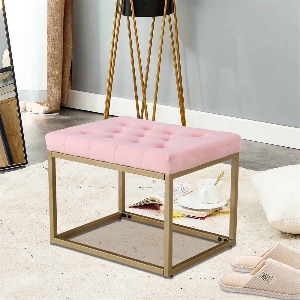 Velvet Shoe Changing Stool with Golden Metal Base, Square Vanity Chair ...