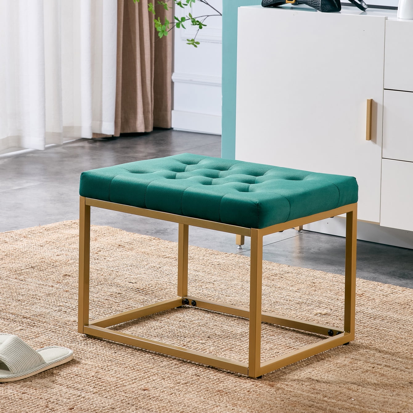 Velvet Shoe Changing Stool, Upholstered Footrest Ottoman with Golden ...