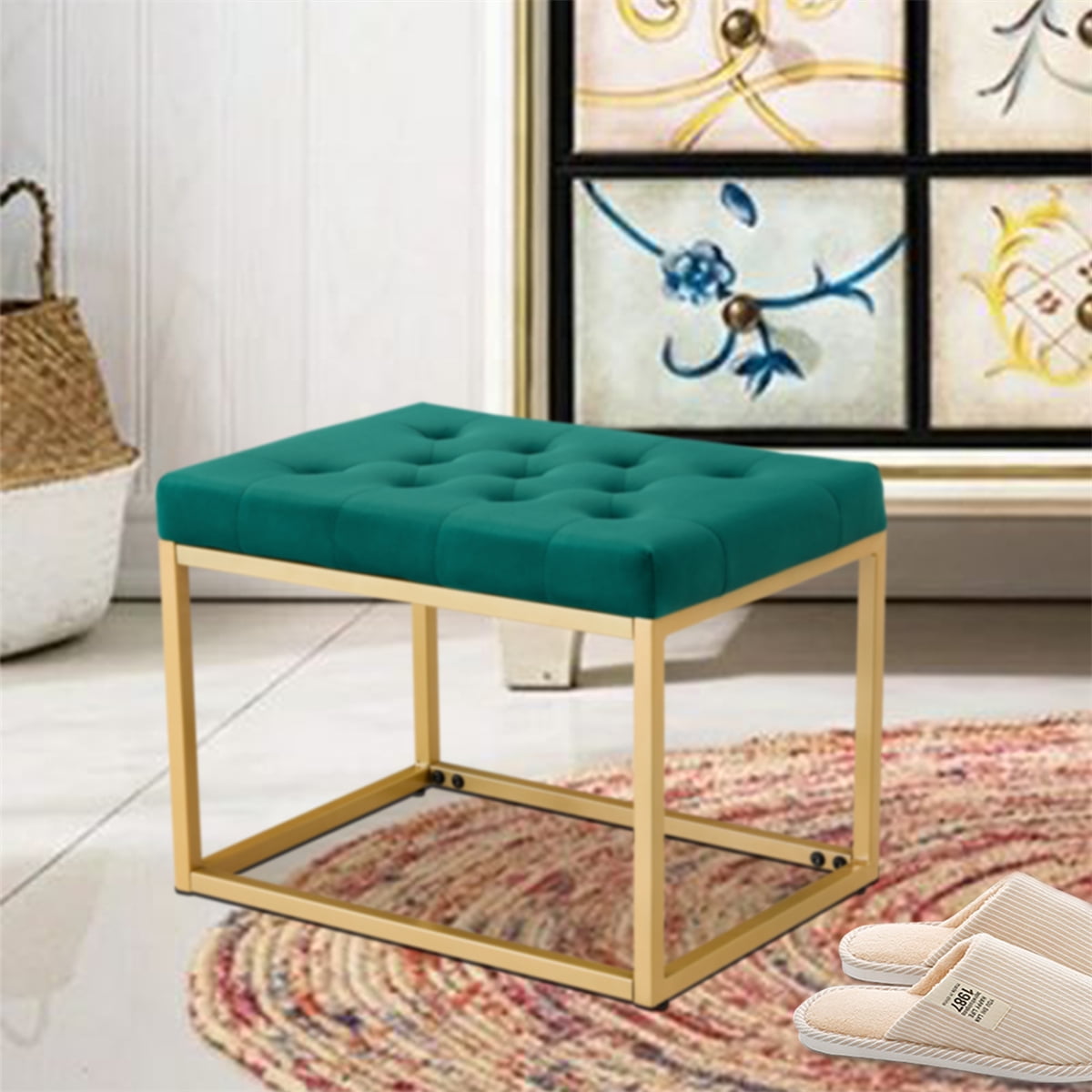 Velvet Shoe Changing Stool, Upholstered Footrest Ottoman with Golden ...