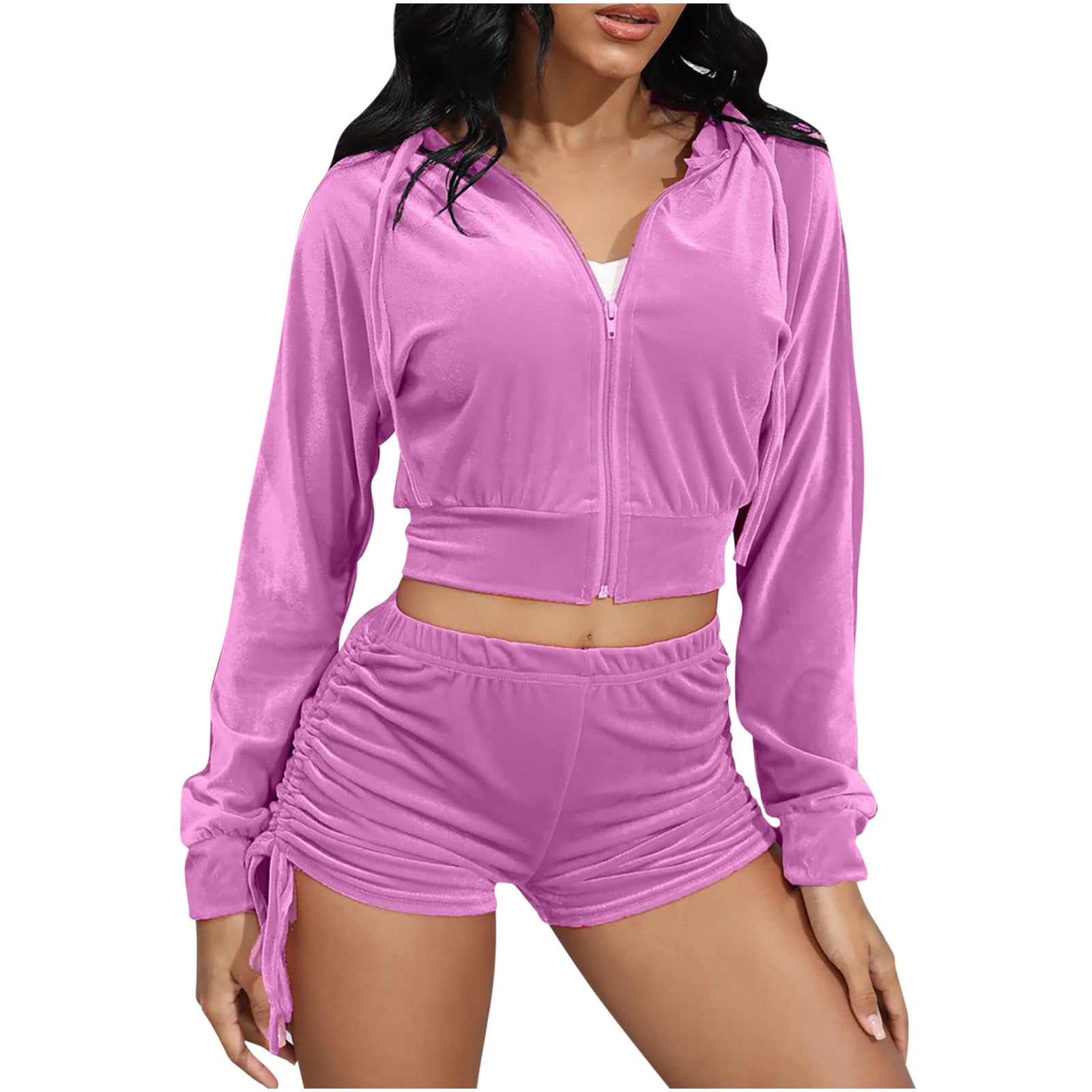 Velvet Shorts Set for Women Two Piece Full Zip Up Hoodie Jacket and ...