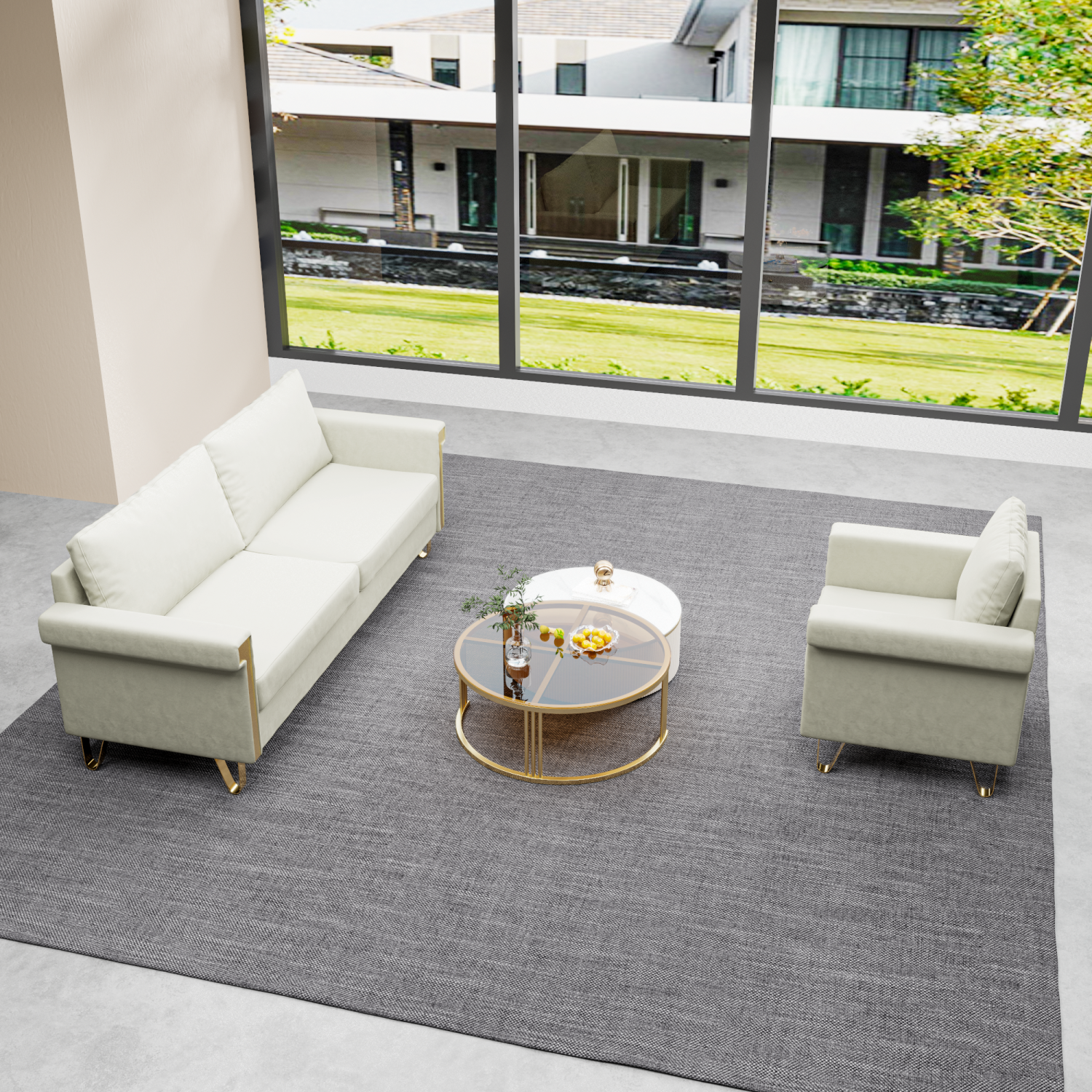 Velvet Sofa and Chair Combo - Plush Beige Couch & Armchair with Gold ...