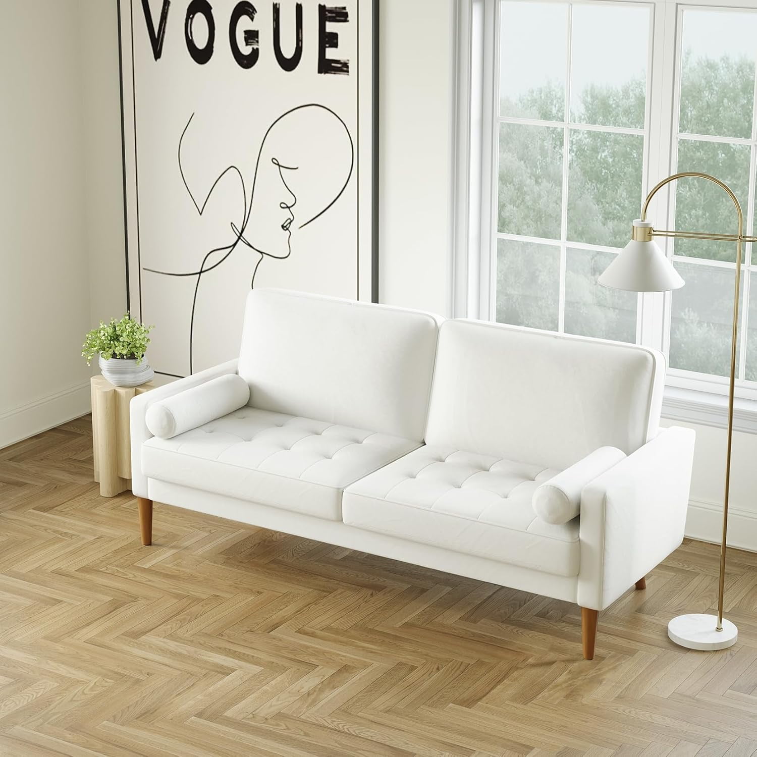 Velvet Spring Couch 56" Comfy Loveseat Sofa Beige Mid Century Tufted ...