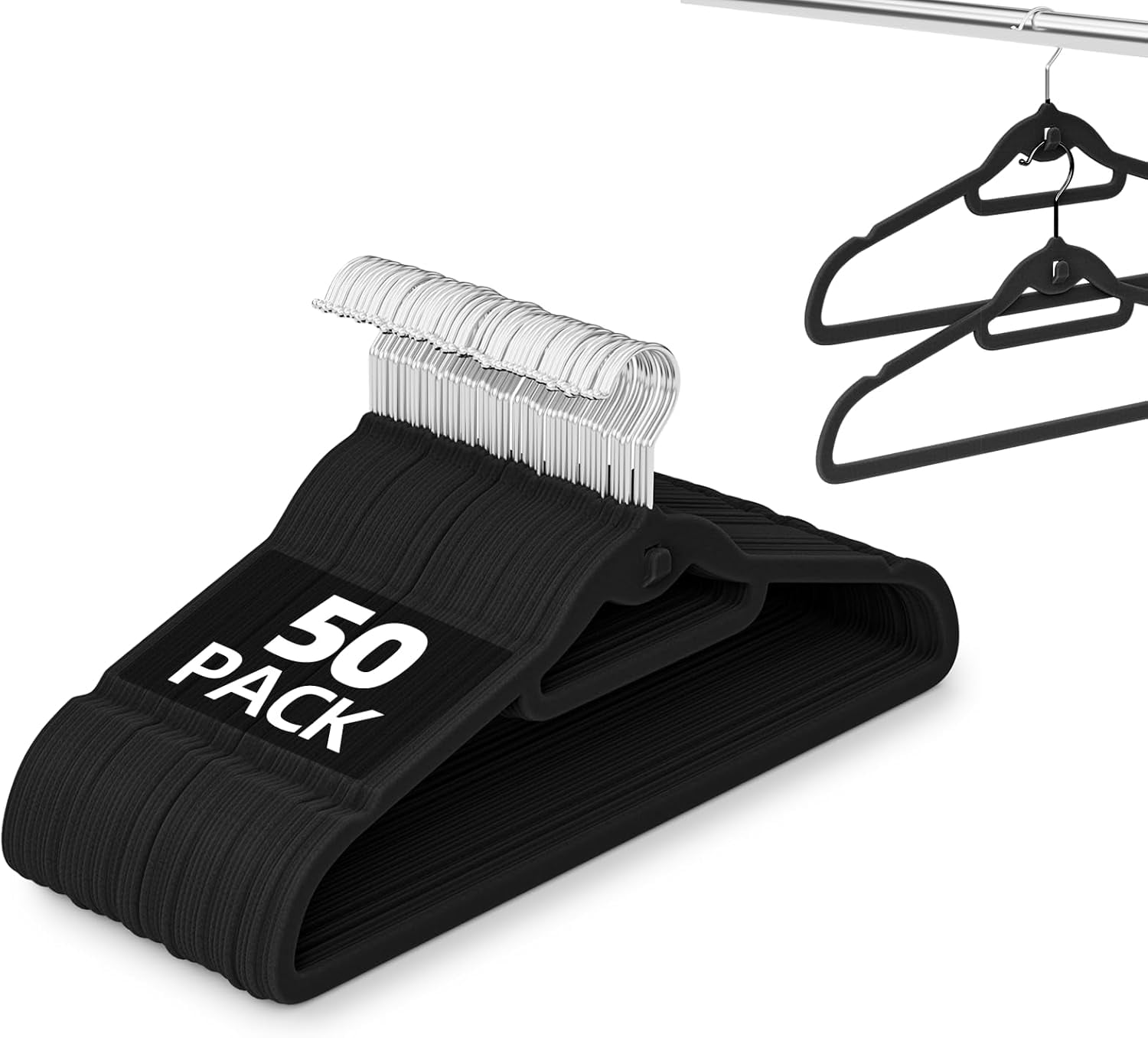 Velvet Stackable Hangers 50 Pack Black, Non Slip Space Saving Felt ...