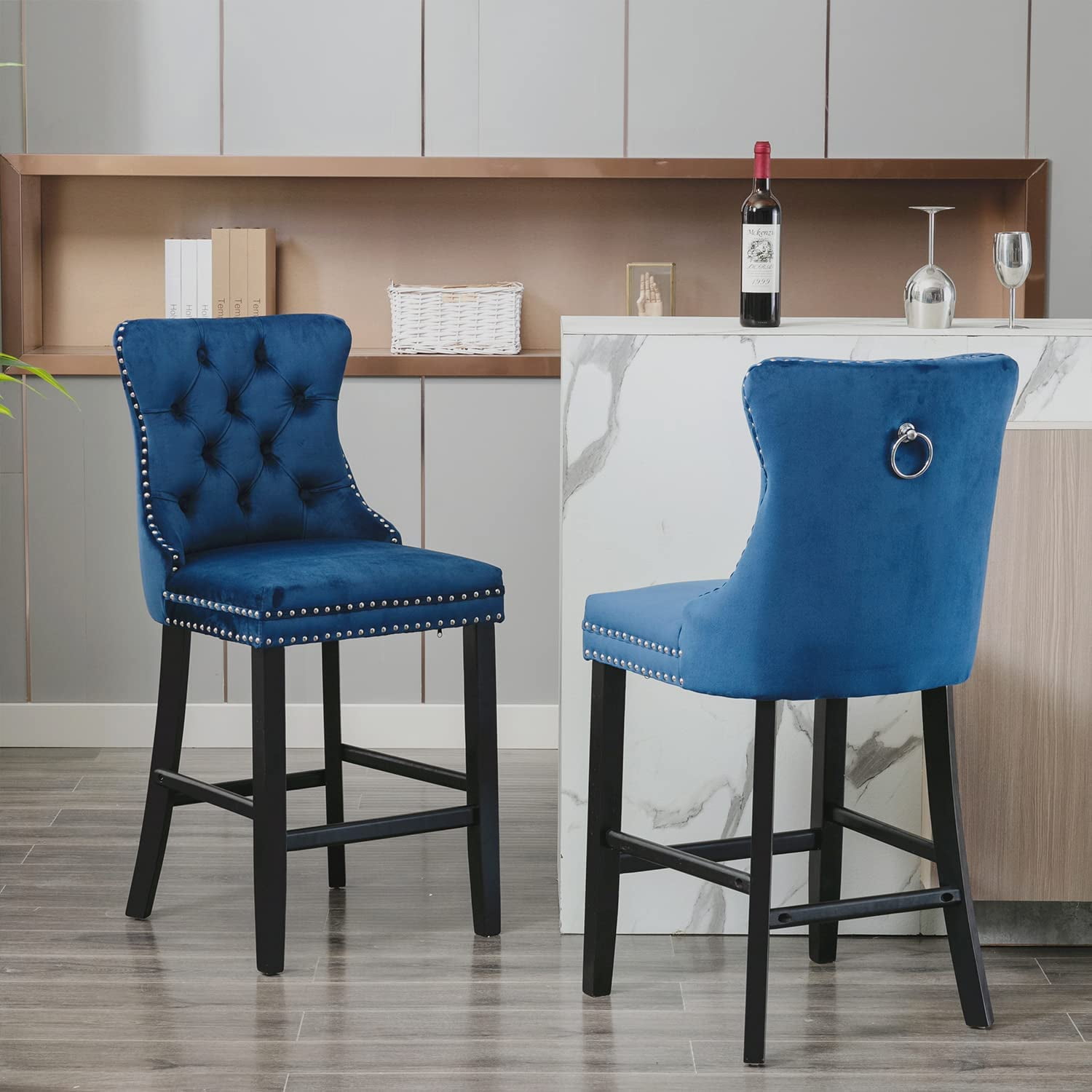 Velvet Stools Set of 6 27" Counter Height Stools with Button and ...