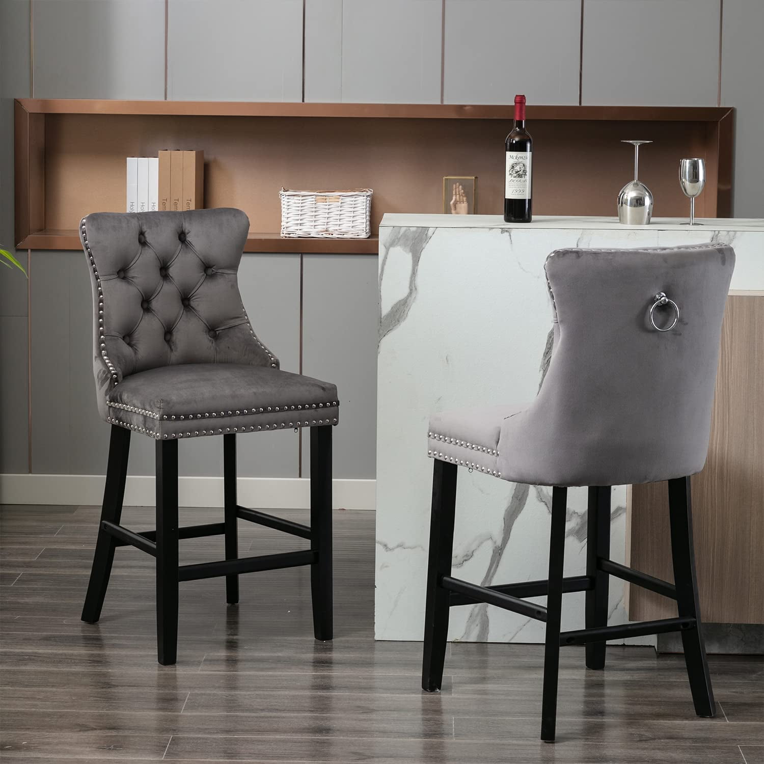 Velvet Stools Set of 6 27" Counter Height Stools with Button and ...