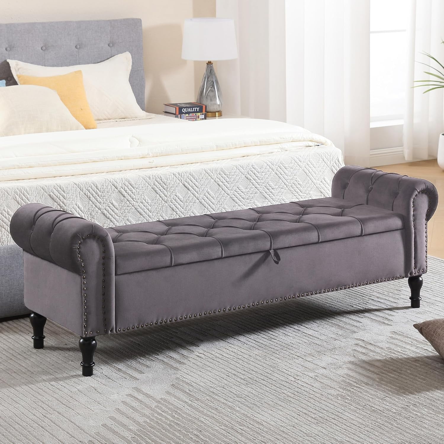 Velvet Storage Bench 67 Inch Upholstered Tufted Ottoman Bench with Arms ...