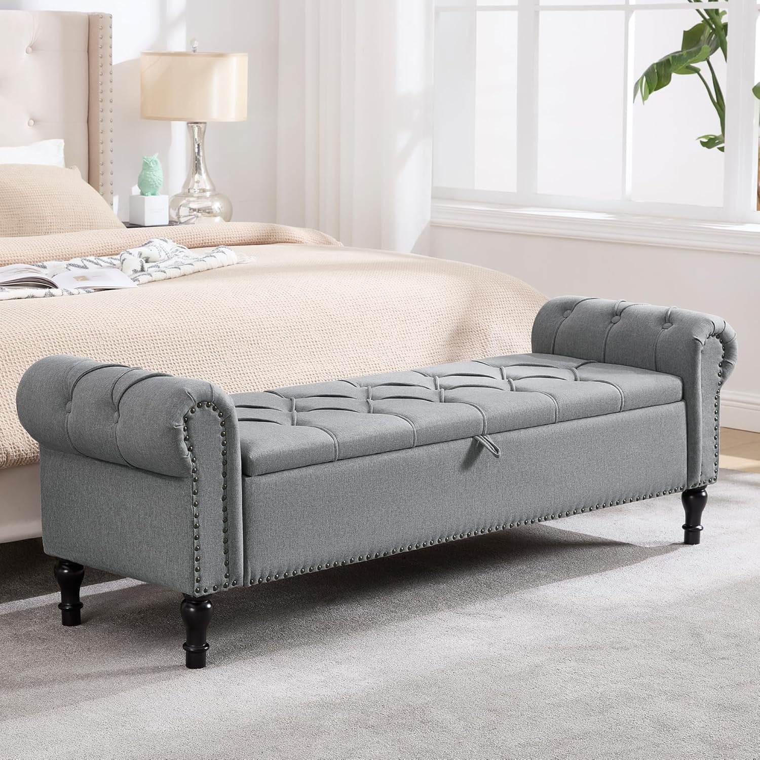 Velvet Storage Bench 67 Inch Upholstered Tufted Ottoman Bench with Arms ...