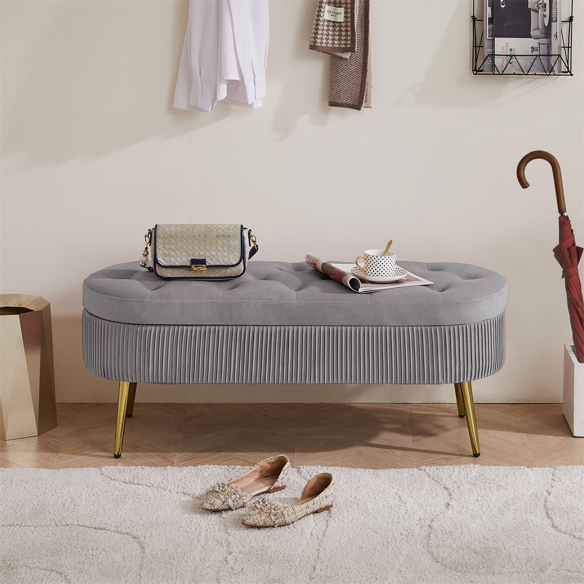 Velvet Storage Bench,Oval Footstool End of Bed Bench,Modern Ottoman ...