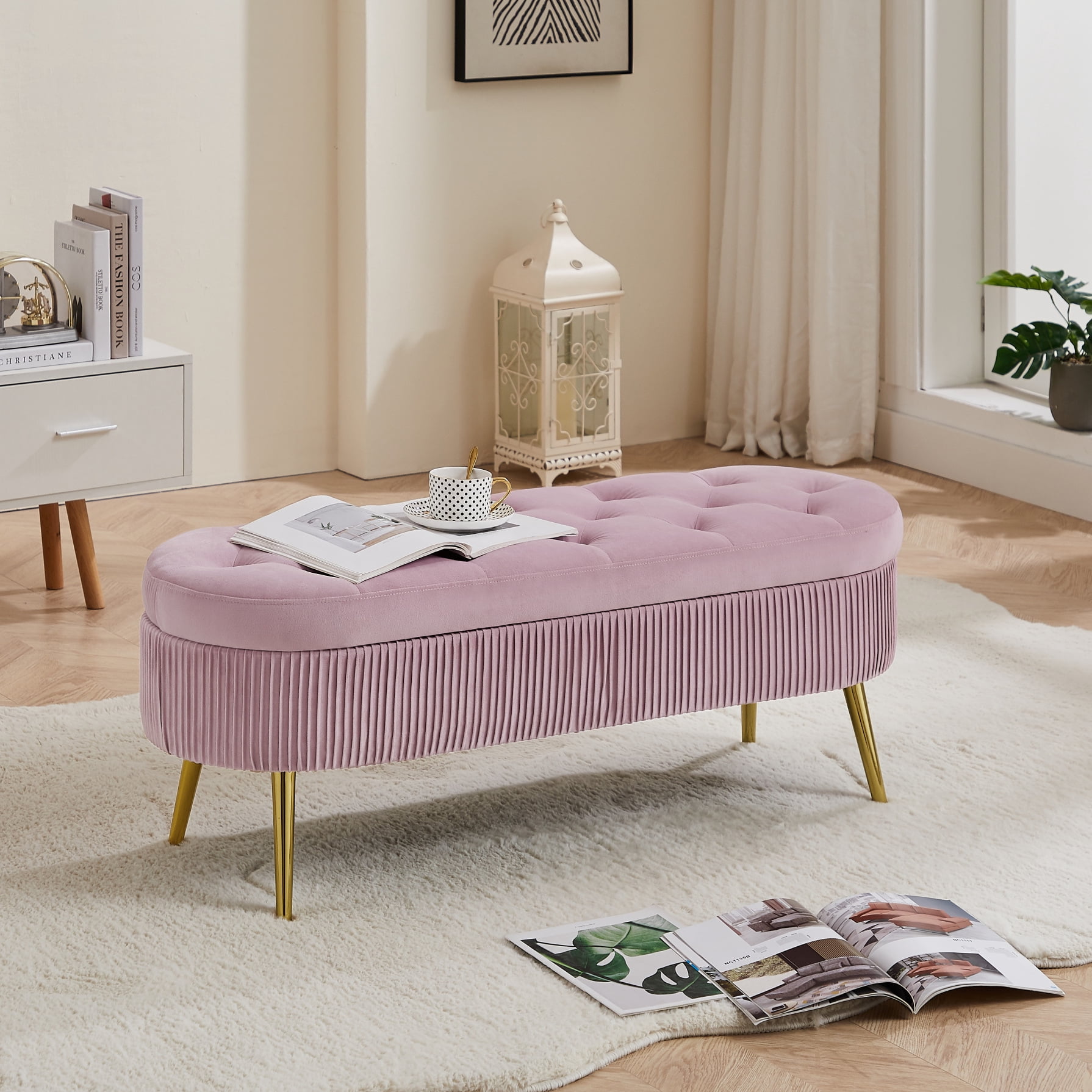 Velvet Storage Bench Oval Footstool with Golden Metal Legs Modern ...