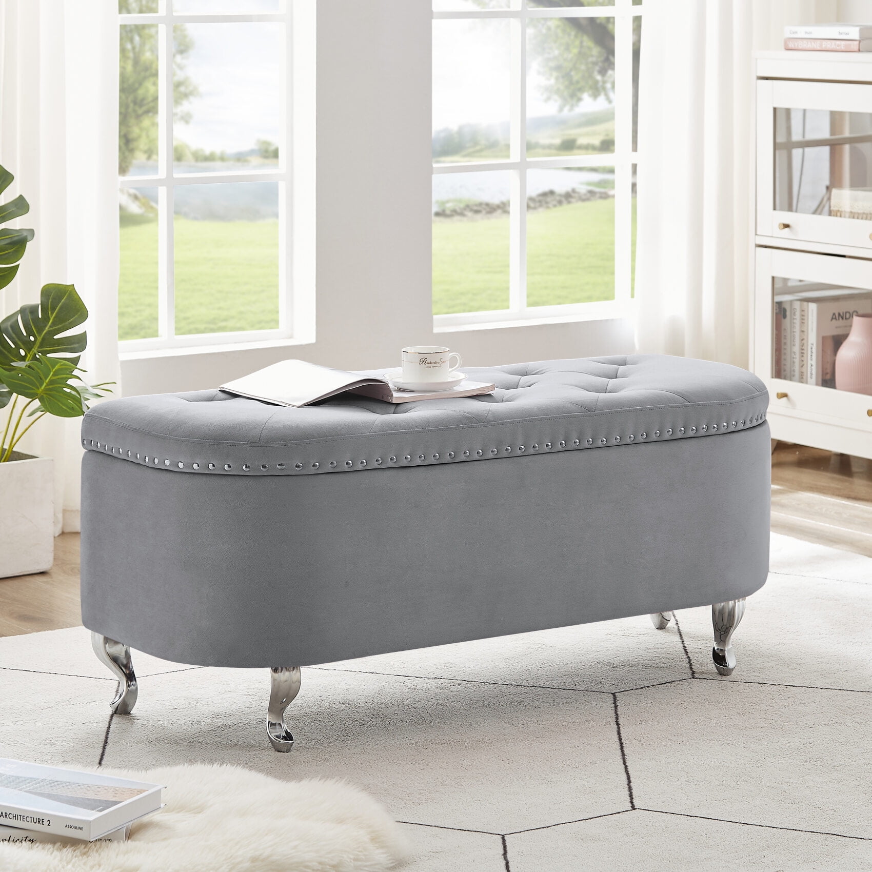 Velvet Storage Bench, Tufted Upholstered End of Bed Bench with Nail ...