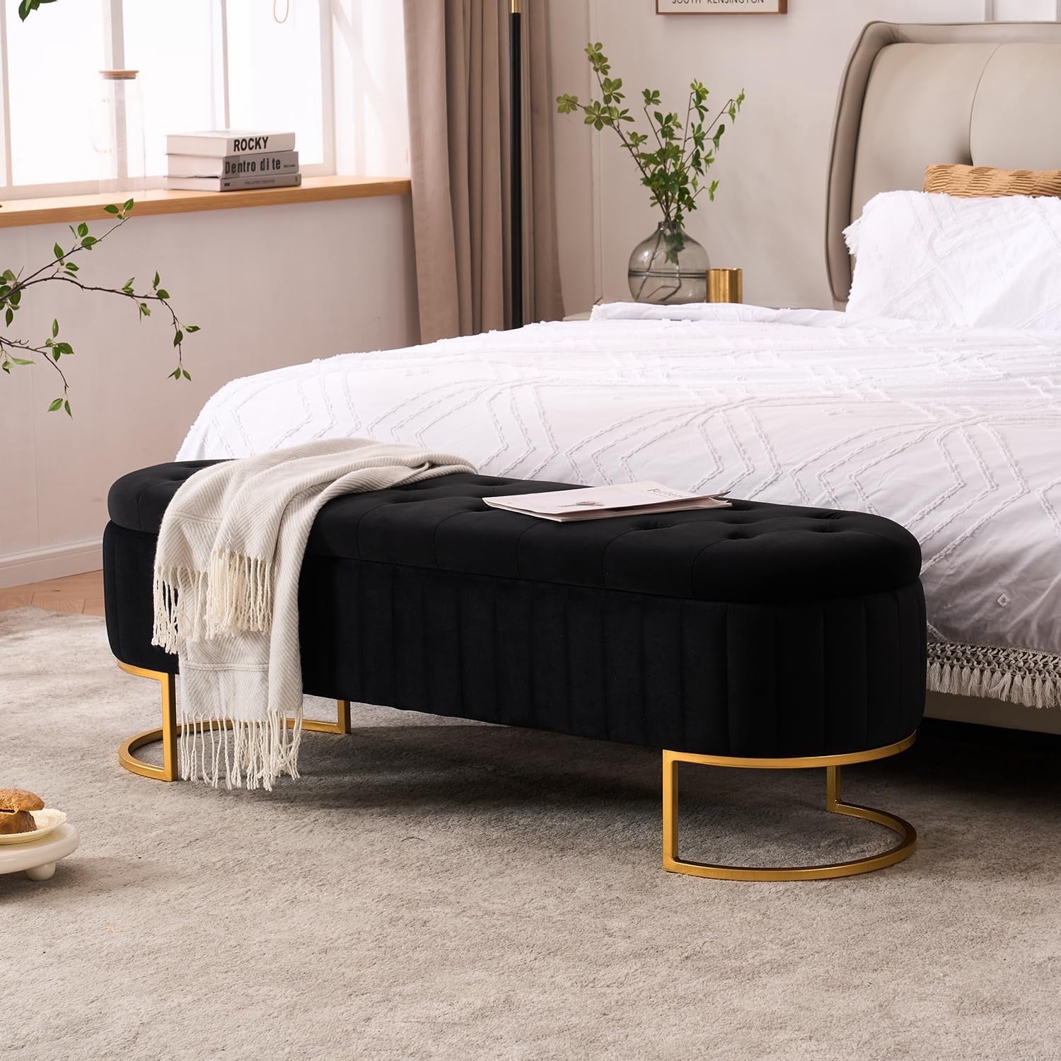 Velvet Storage Bench for Bedroom, Modern Tufted End of Bed Bench for ...