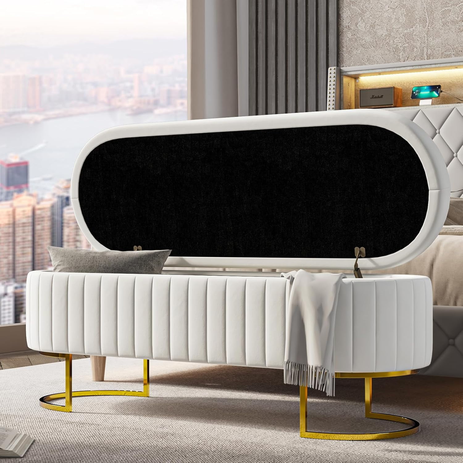 55.5" Storage Ottoman End of Bed Bedroom , Upholstered Velvet Long ...