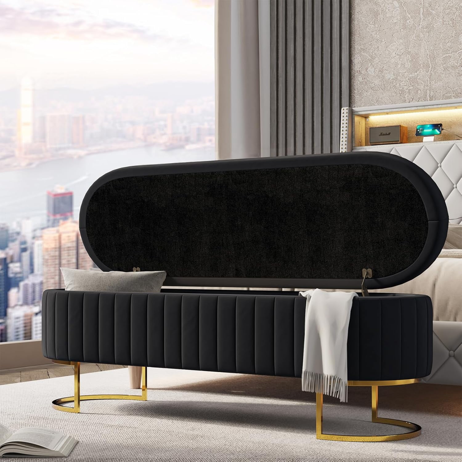 55.5" Storage Ottoman End of Bed Bedroom , Upholstered Velvet Long ...