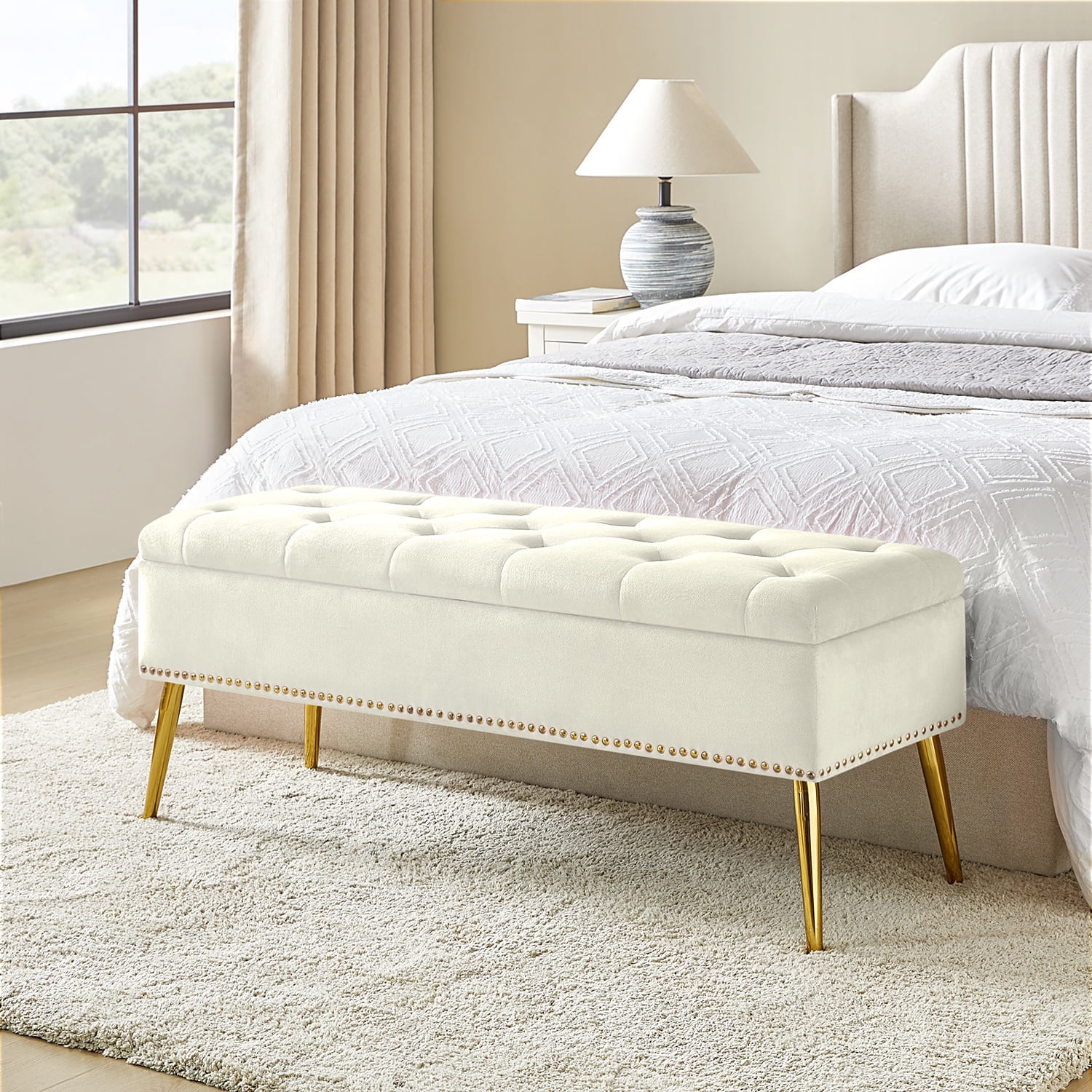 "Velvet Modern Bedroom End Ottoman Bench 45.5"" With Gold Leg, Upholstered Nailhead Trim and ...