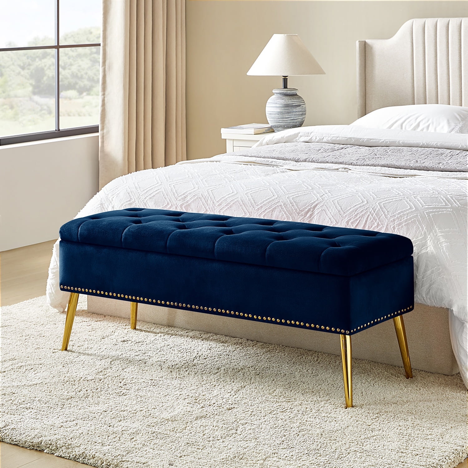 Velvet Storage Ottoman Bench for Bedroom & Entryway, 45.5" Gold Leg ...