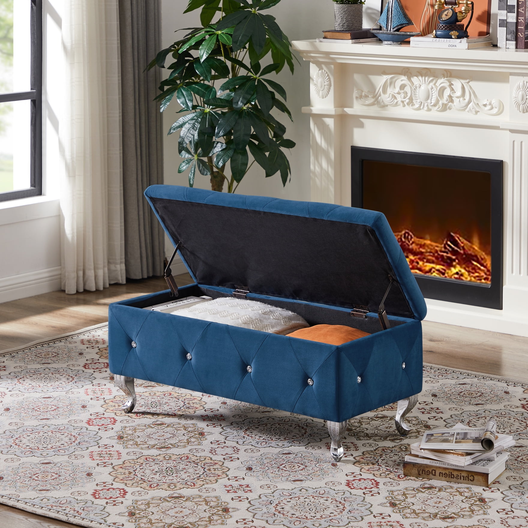 Velvet Storage Ottoman Bench, Upholstered Bedroom End Bench with ...