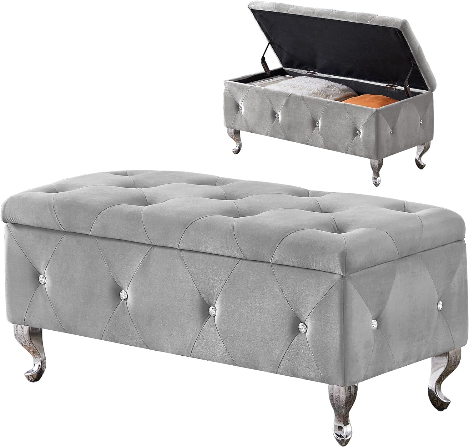 Velvet Storage Ottoman Benches for Bedroom End of Bed Diamond Button ...