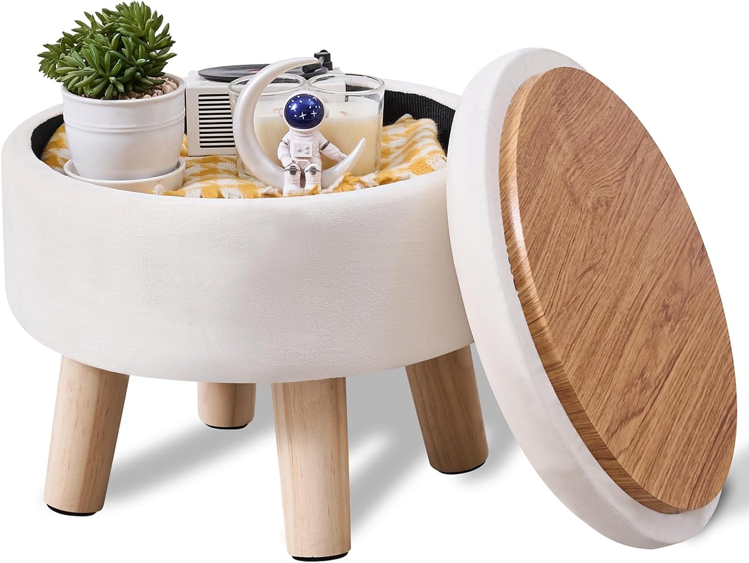 Velvet Storage Ottoman Round Footrest Stool Upholstered Footrest ...