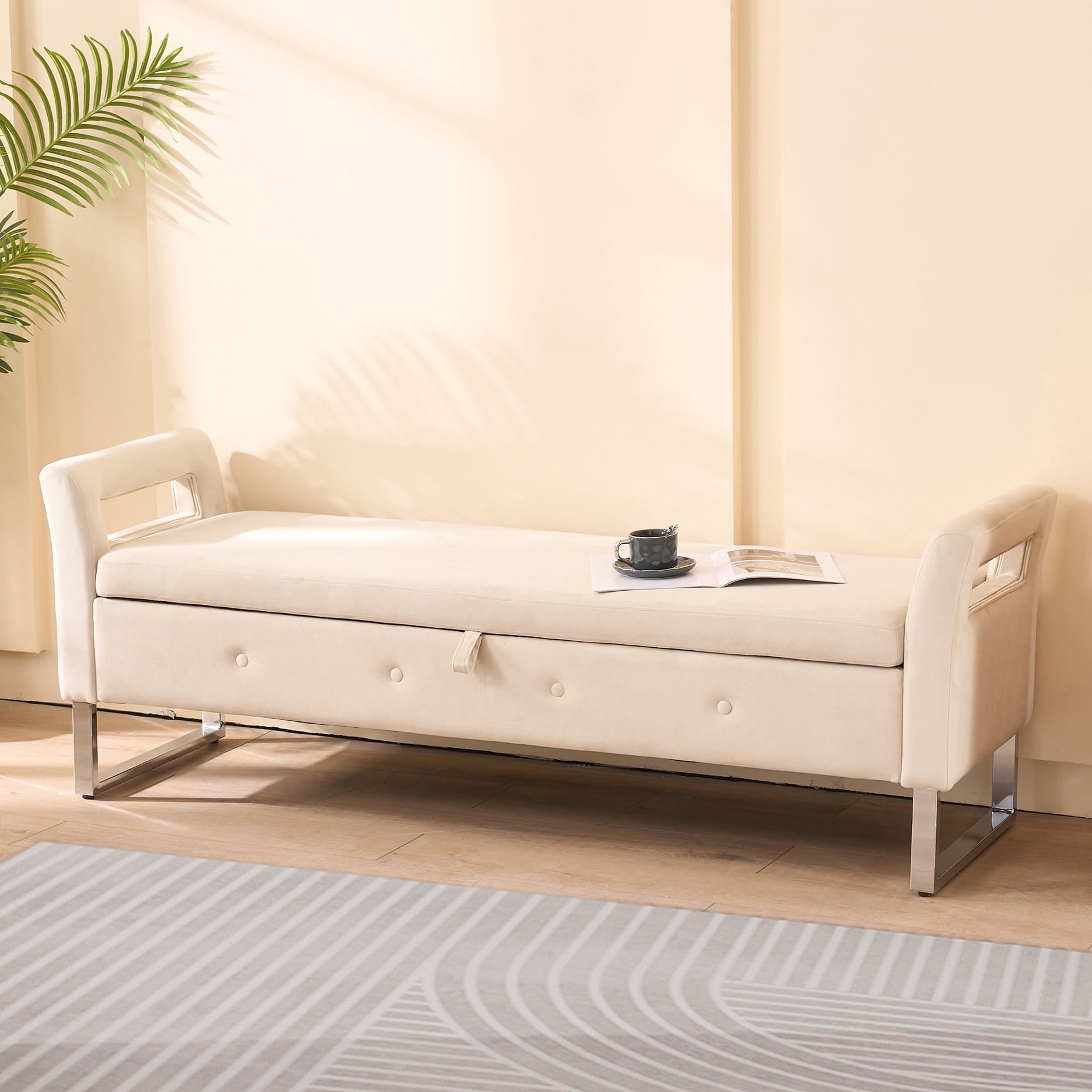 Velvet Storage Soft Bench 68 " Featuring Armrests and Firm Foam Padding ...