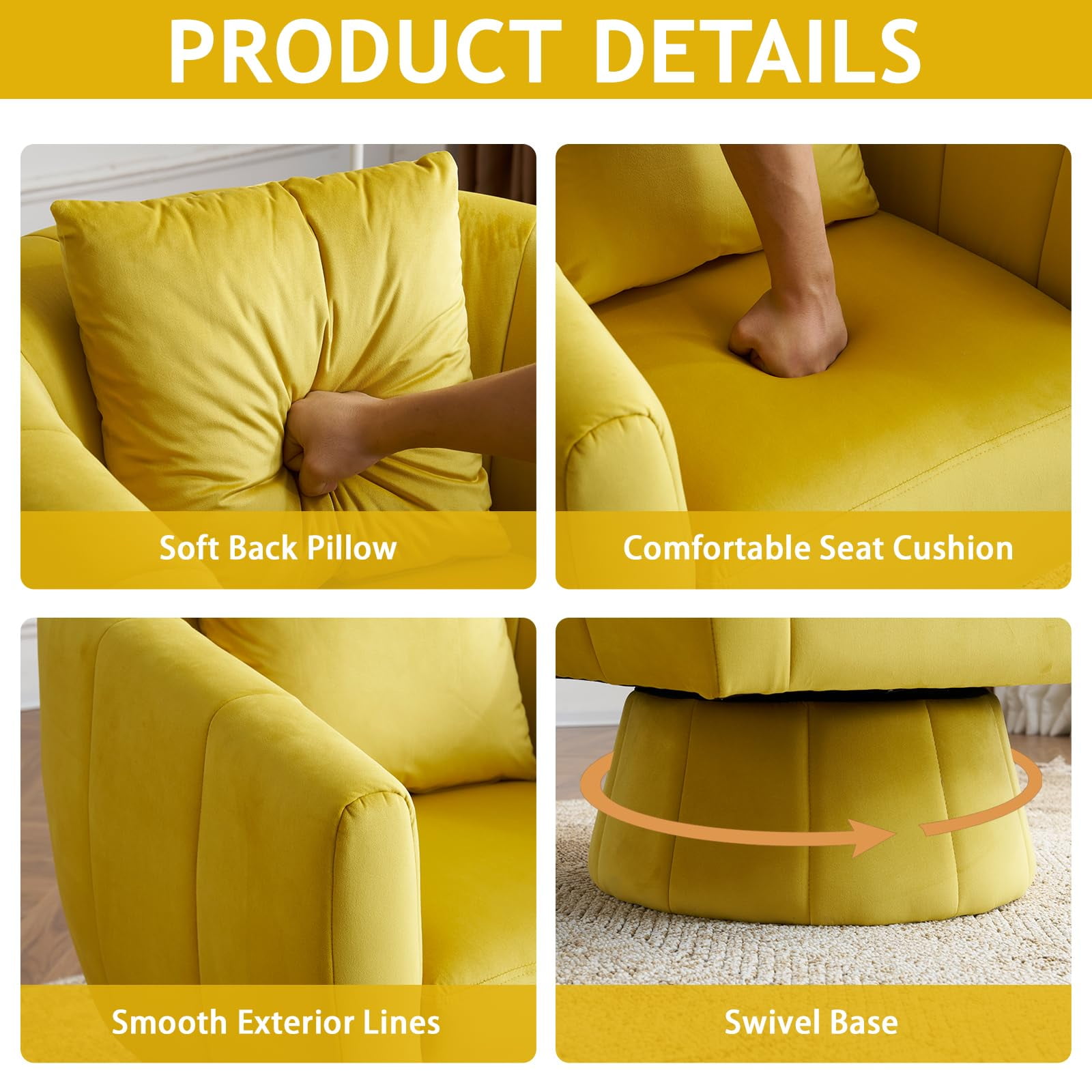 Velvet Swivel Accent Chair 360° Rotation, Plush Cushioned Living Room ...